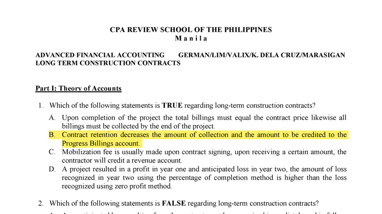 CPA 9106: Advanced Financial Accounting - Long Term Construction Contracts - Studocu