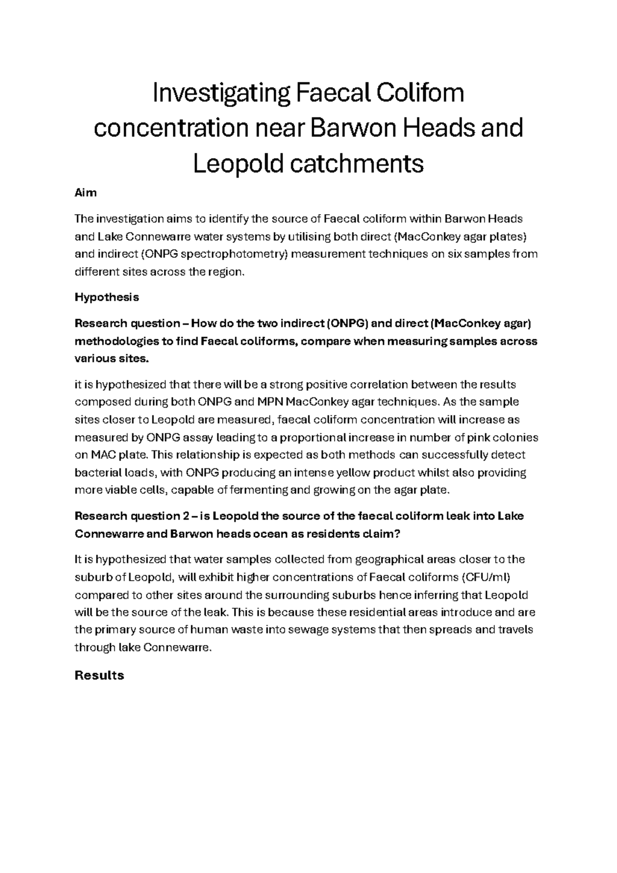 Biology Lab Report: Faecal Coliform Analysis in Barwon Heads (BIO101 ...