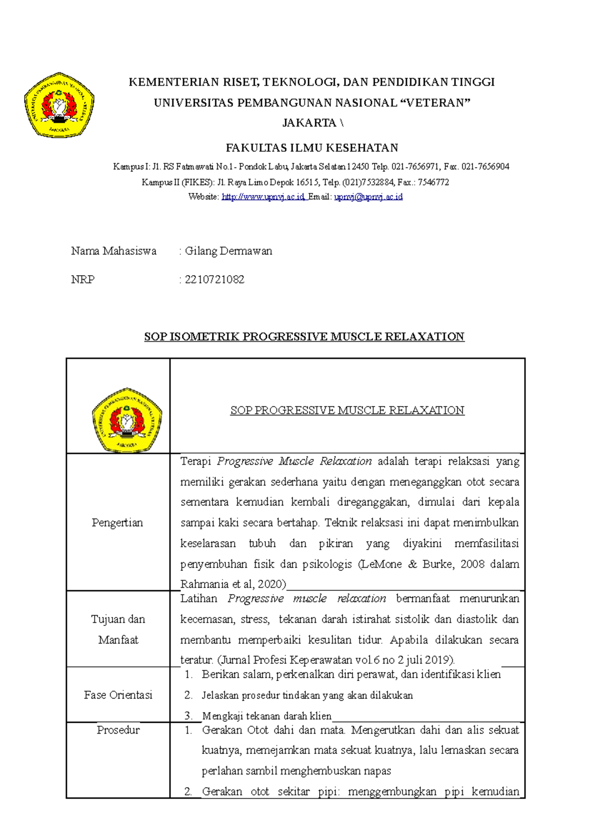 SOP Kesehatan: Progressive Muscle Relaxation Terapi Relaksasi - Studocu