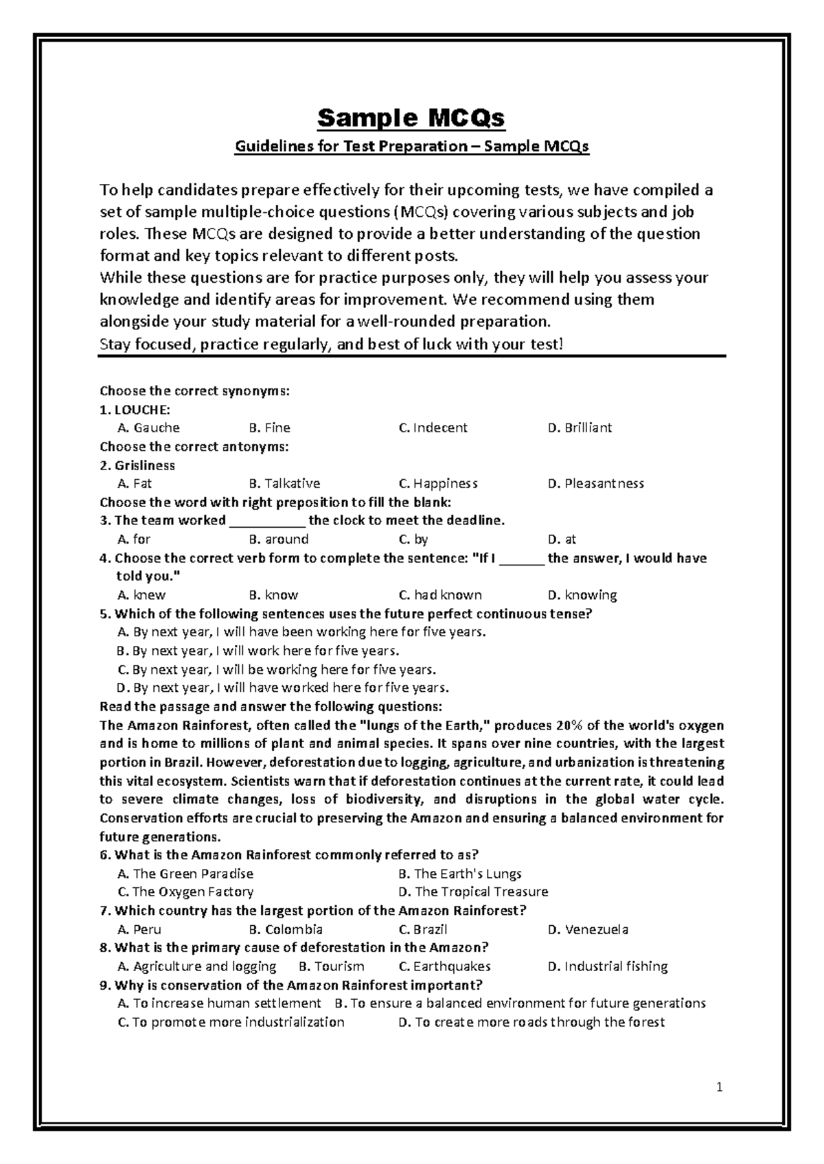 Sample MCQs - Describe mcqs pattern - Sample MCQs Guidelines for Test ...