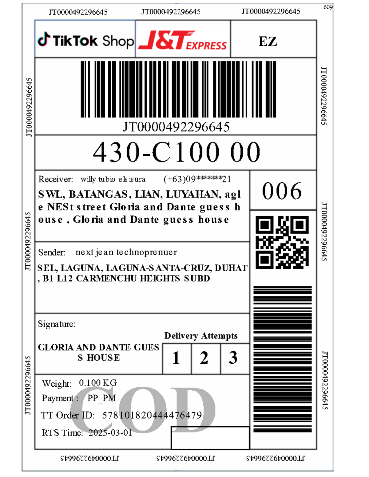 Tik Tok Seller - a simple waybill - COD EZ JT 0 0 0 0 4 9 2 2 9 6 6 4 5 ...
