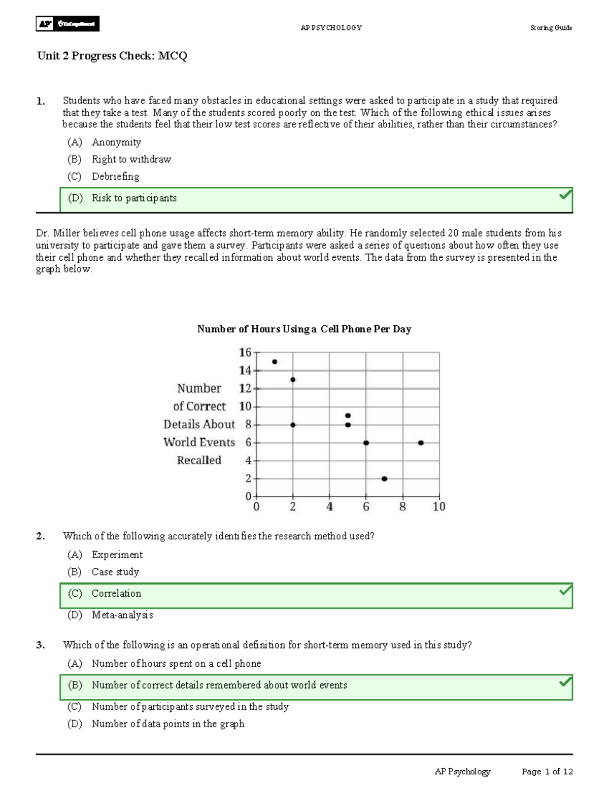 AP PSYCHOLOGY Unit 2 Progress Check: MCQ Scoring Guide - Studocu