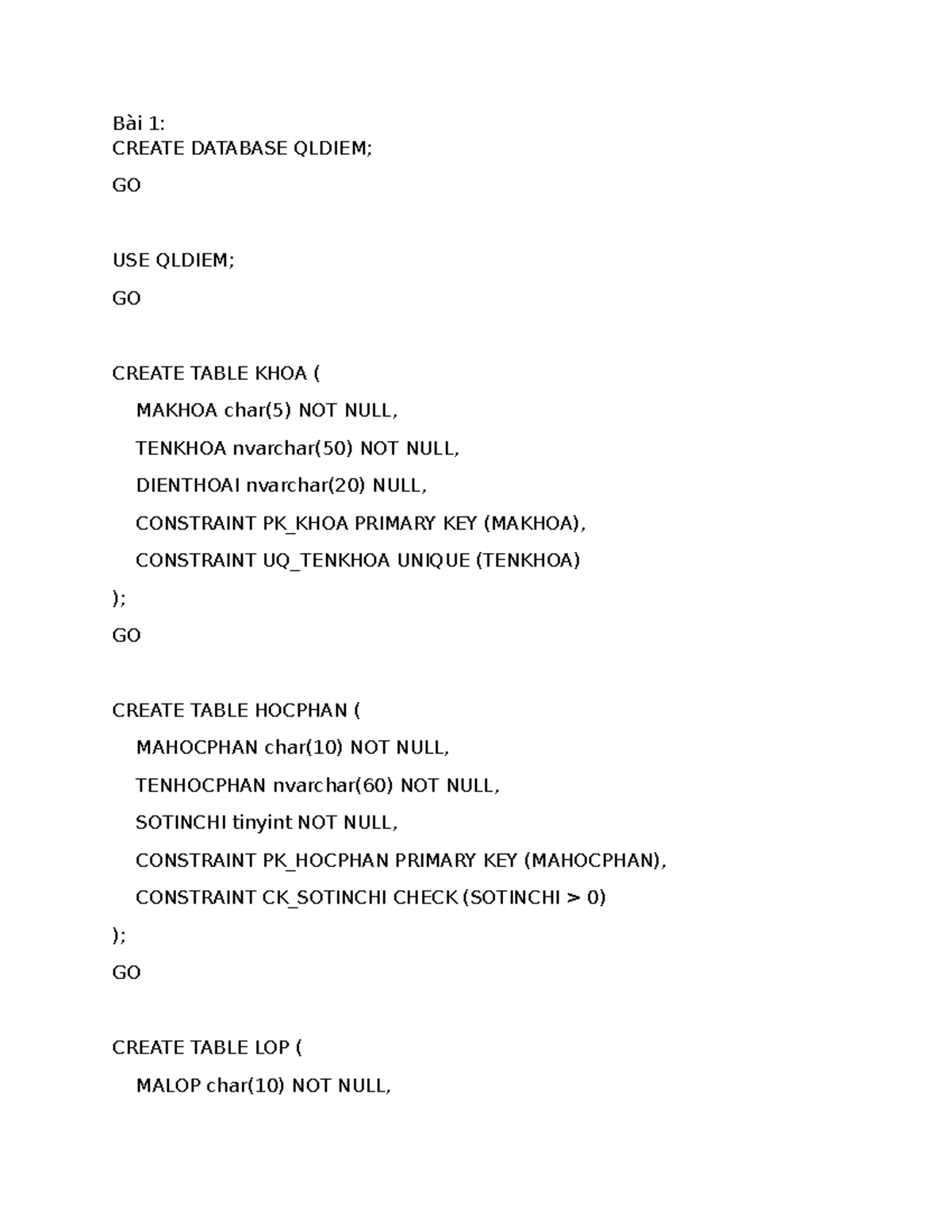 CSDL: Tạo Cơ Sở Dữ Liệu và Bảng trong SQL - Studocu