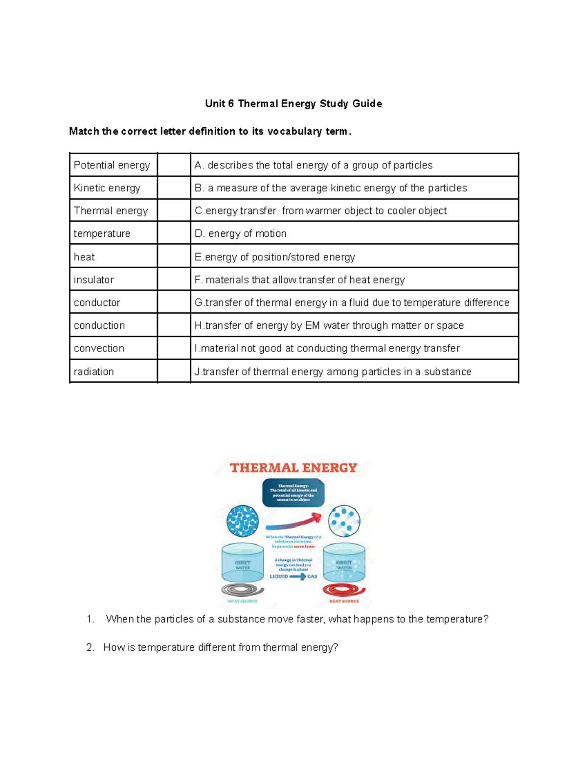 Unit 6: Thermal Energy Study Guide & Vocabulary Matching - Studocu