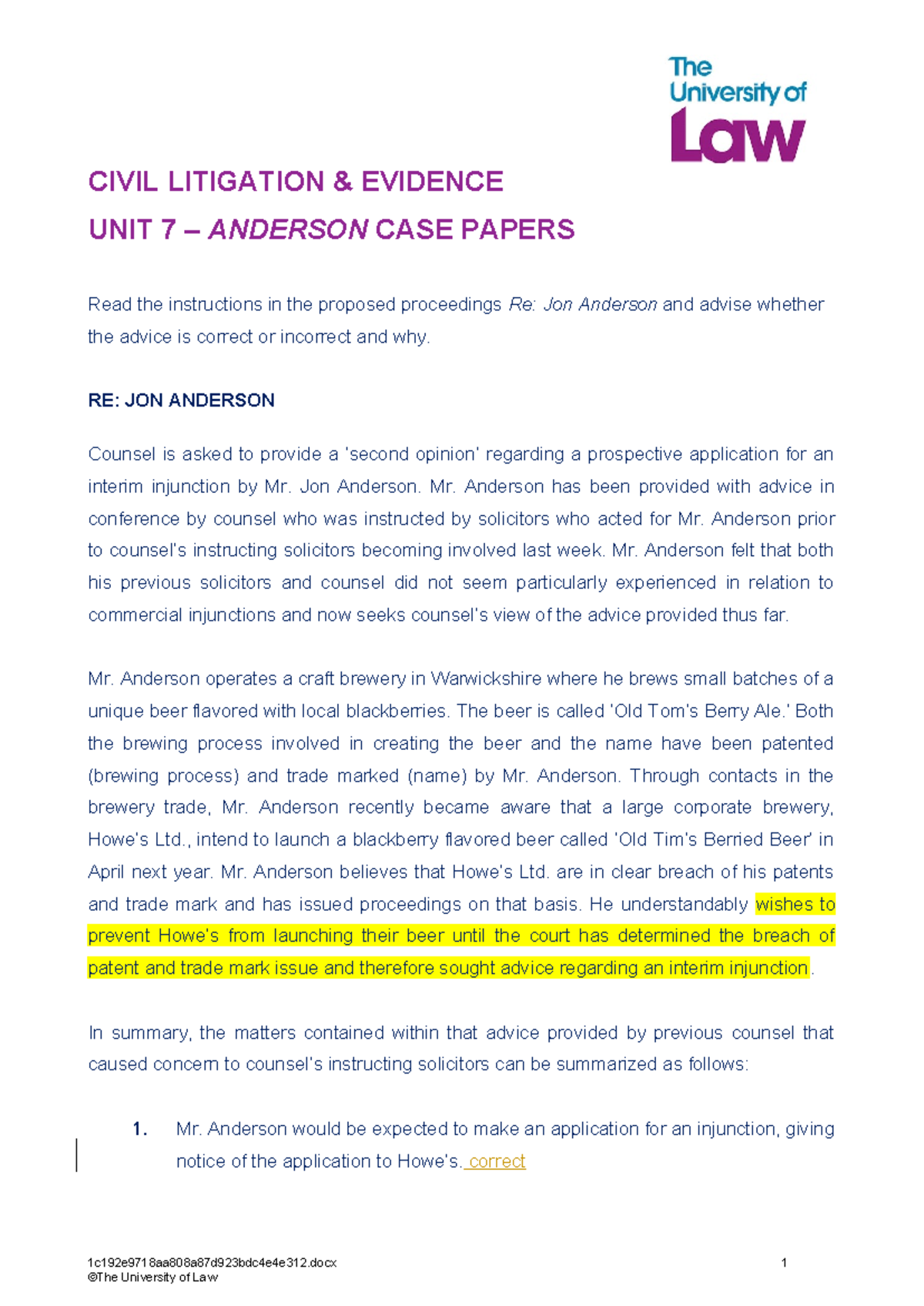 CIVIL LITIGATION EVIDENCE UNIT 7: ANALYSIS OF ANDERSON CASE ADVICE ...
