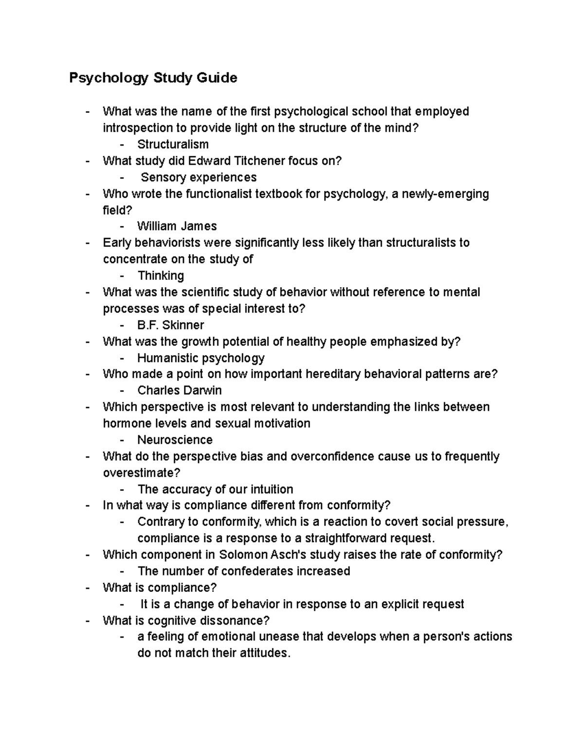 Psychology Study Guide - Psychology Study Guide What was the name of ...