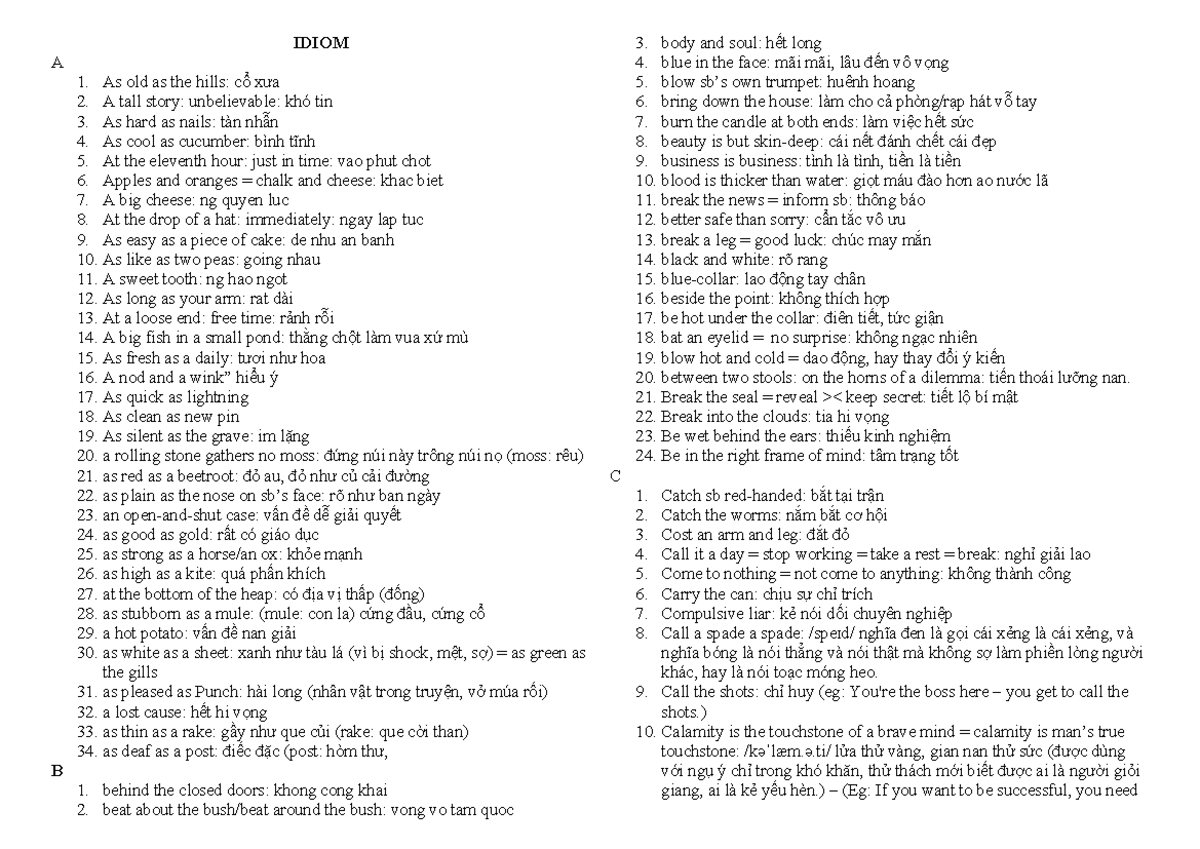 IDIOM 1: Comprehensive List of Common English Idioms - Studocu