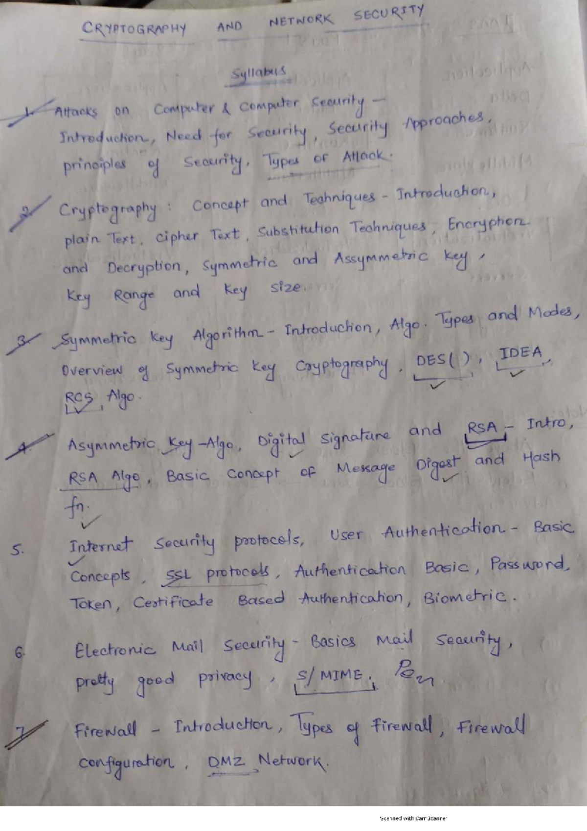 CRYPTOGRAPHY AND NETWORK SECURITY Class Notes: Key Concepts and ...