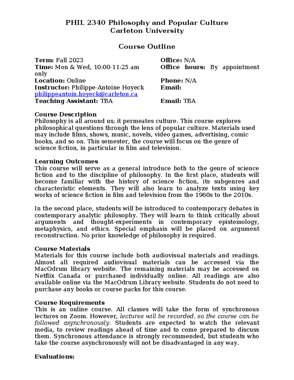PHIL 2340 - Fall 2023 Course Outline: Philosophy & Popular Culture ...