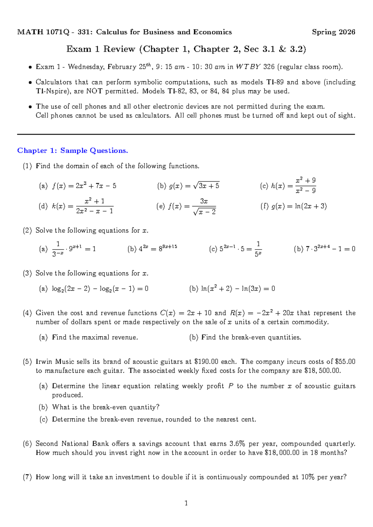 MATH 1071Q - Exam 1 Review for Calculus - Studocu