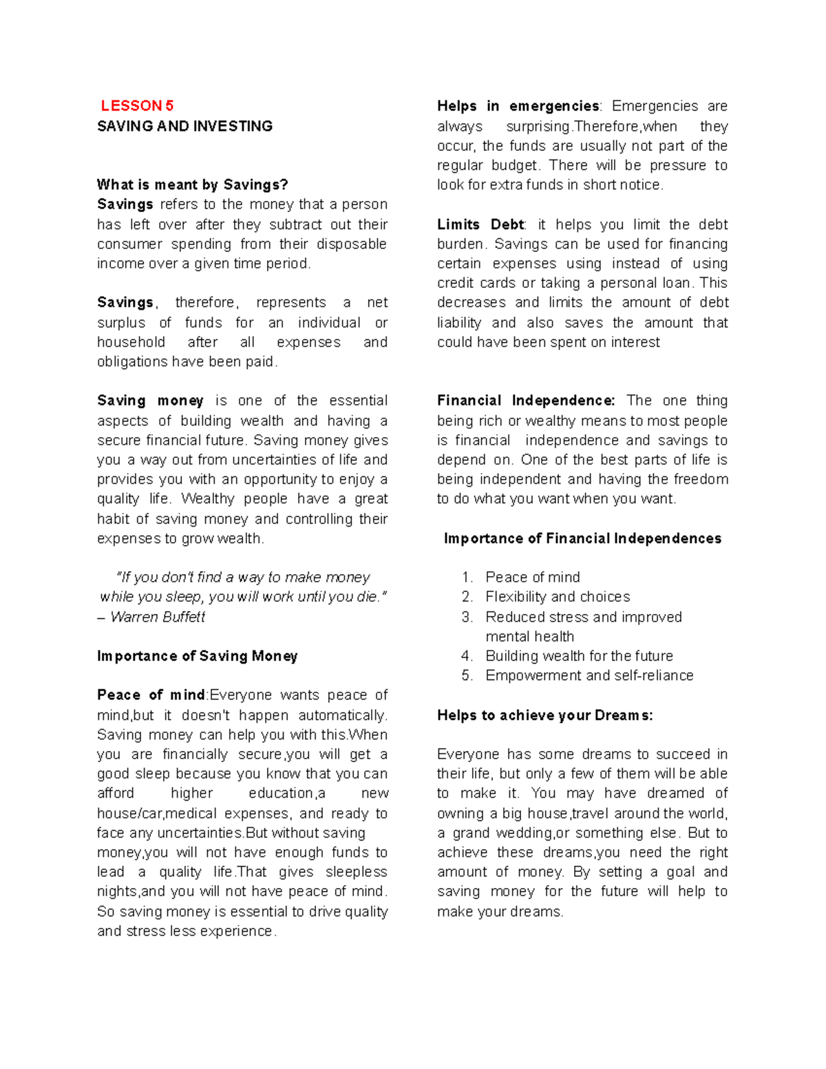 Lesson 5: Saving and Investing in Personal Finance - Studocu