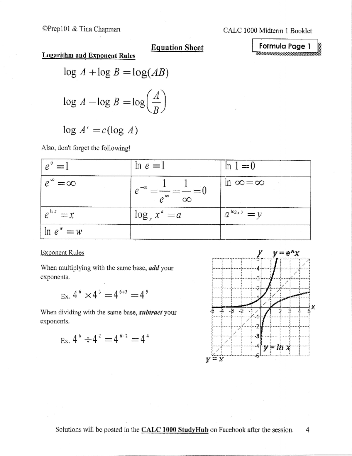 Calc 1000 equation sheet - OPrep101 &TinaChapman Logarithm and Exponent ...