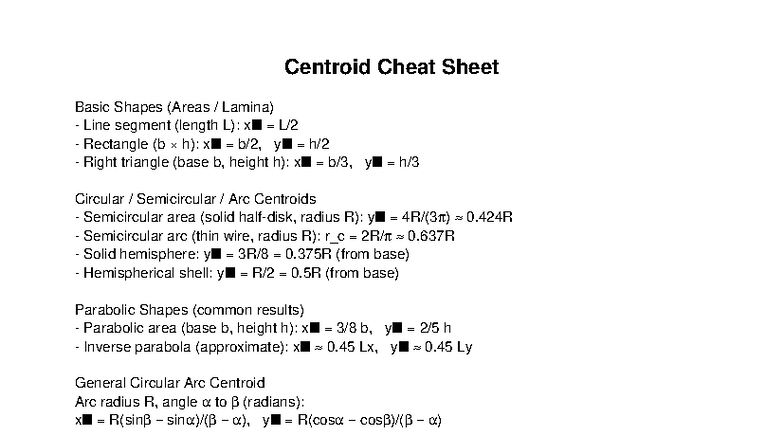 Centroid Cheat Sheet: Basic Shapes & Theorems for Areas (Lamina) - Studocu