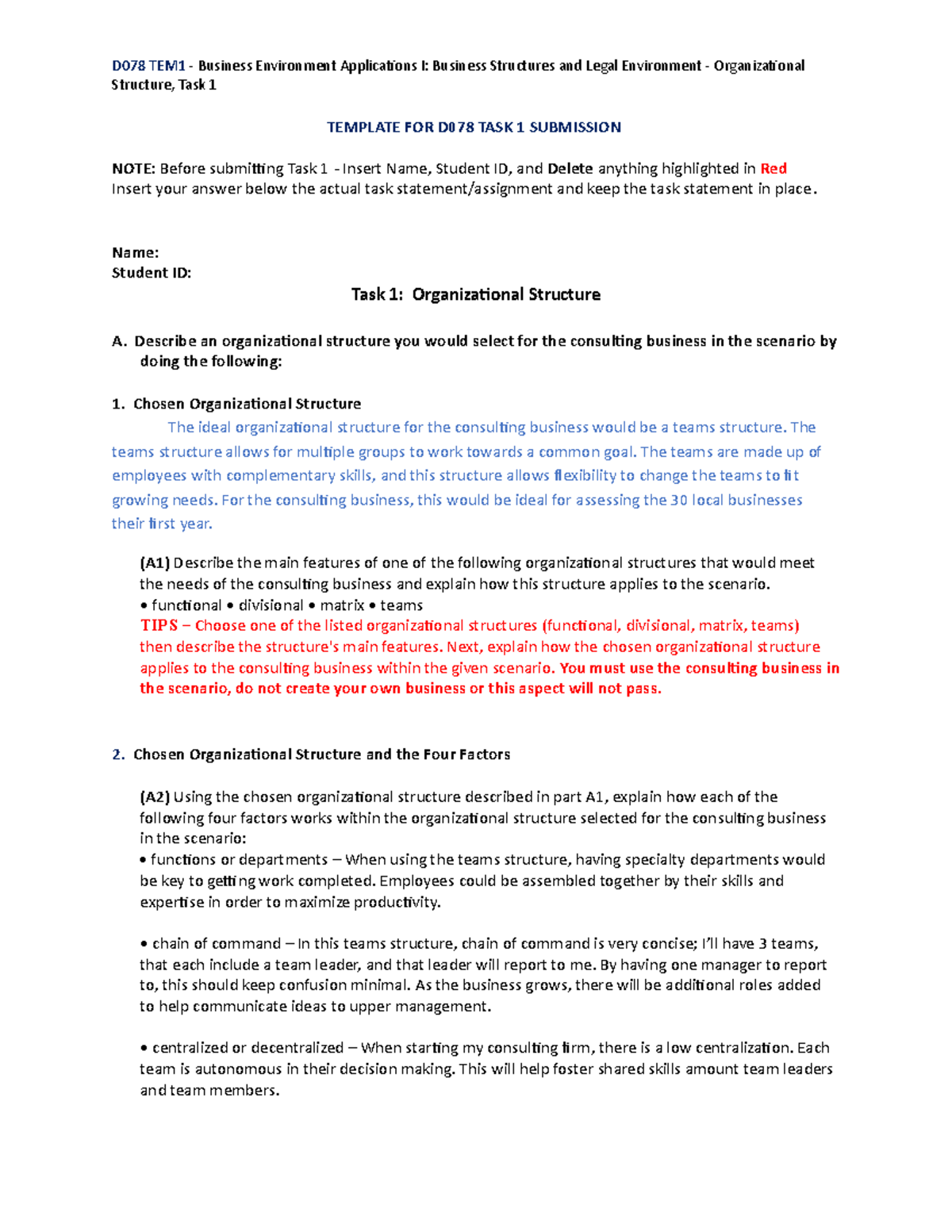 D078 Task 1 - Organizational Structure Analysis for Consulting Business ...