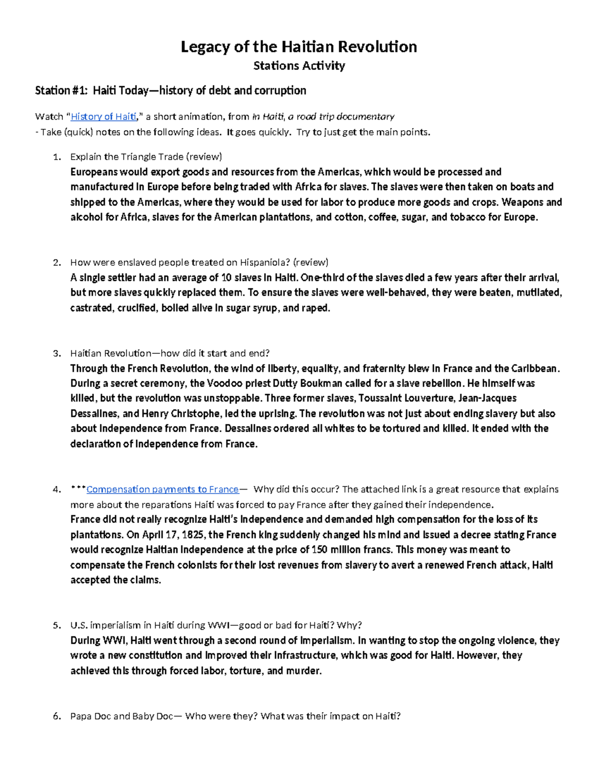 Stations Activity for Legacy of Haitian Revolution World History ...