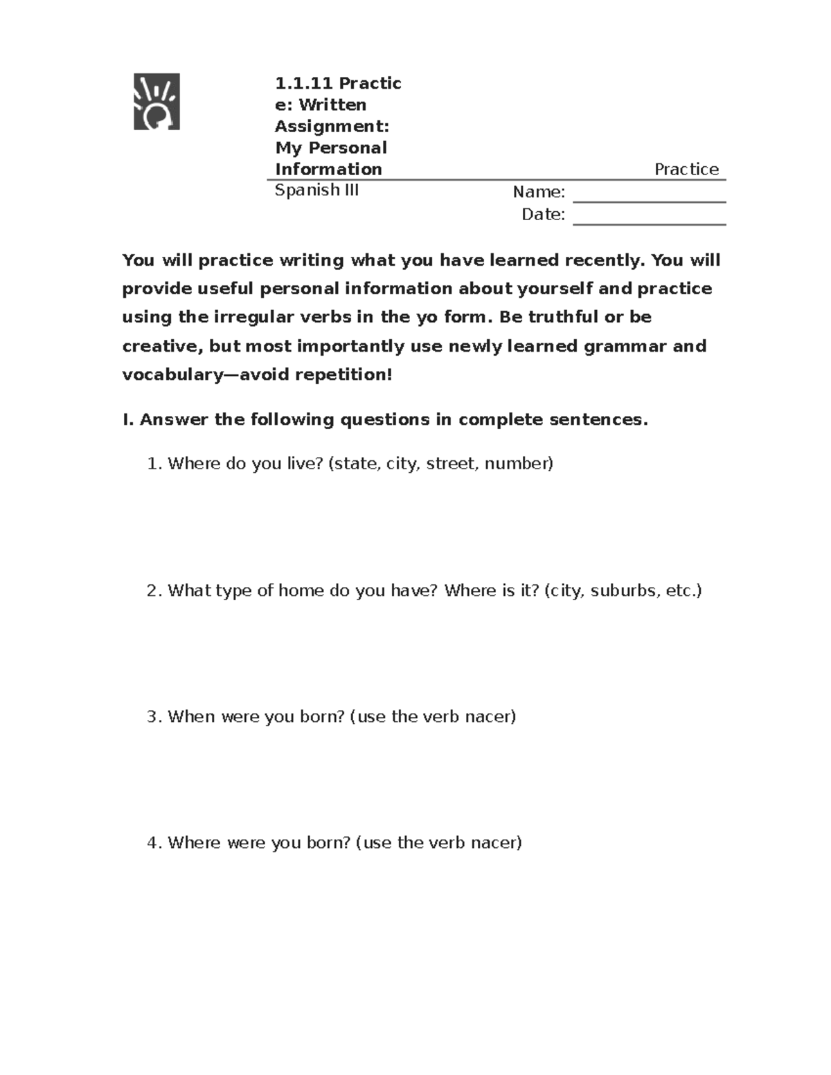 1.1.11 Practice: Written Assignment on Personal Info in Spanish III ...
