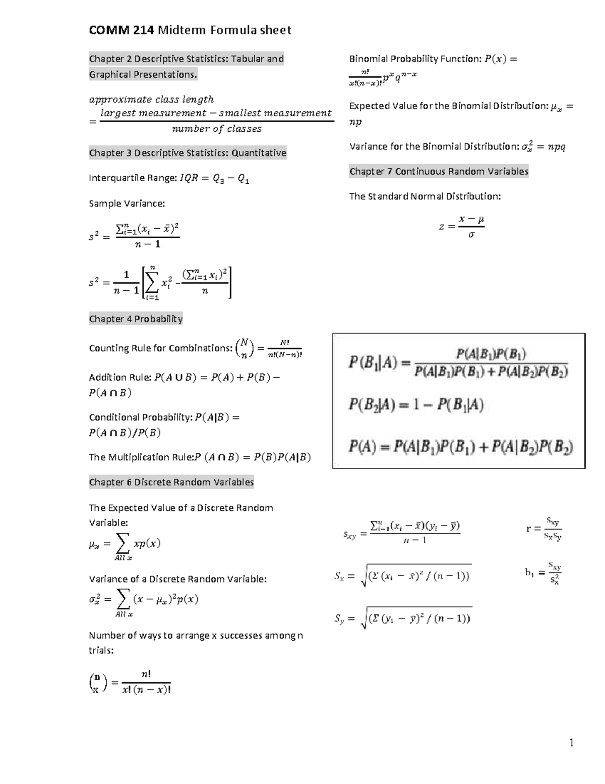 COMM 214 Midterm Formula Sheet: Descriptive Stats & Probability - Studocu