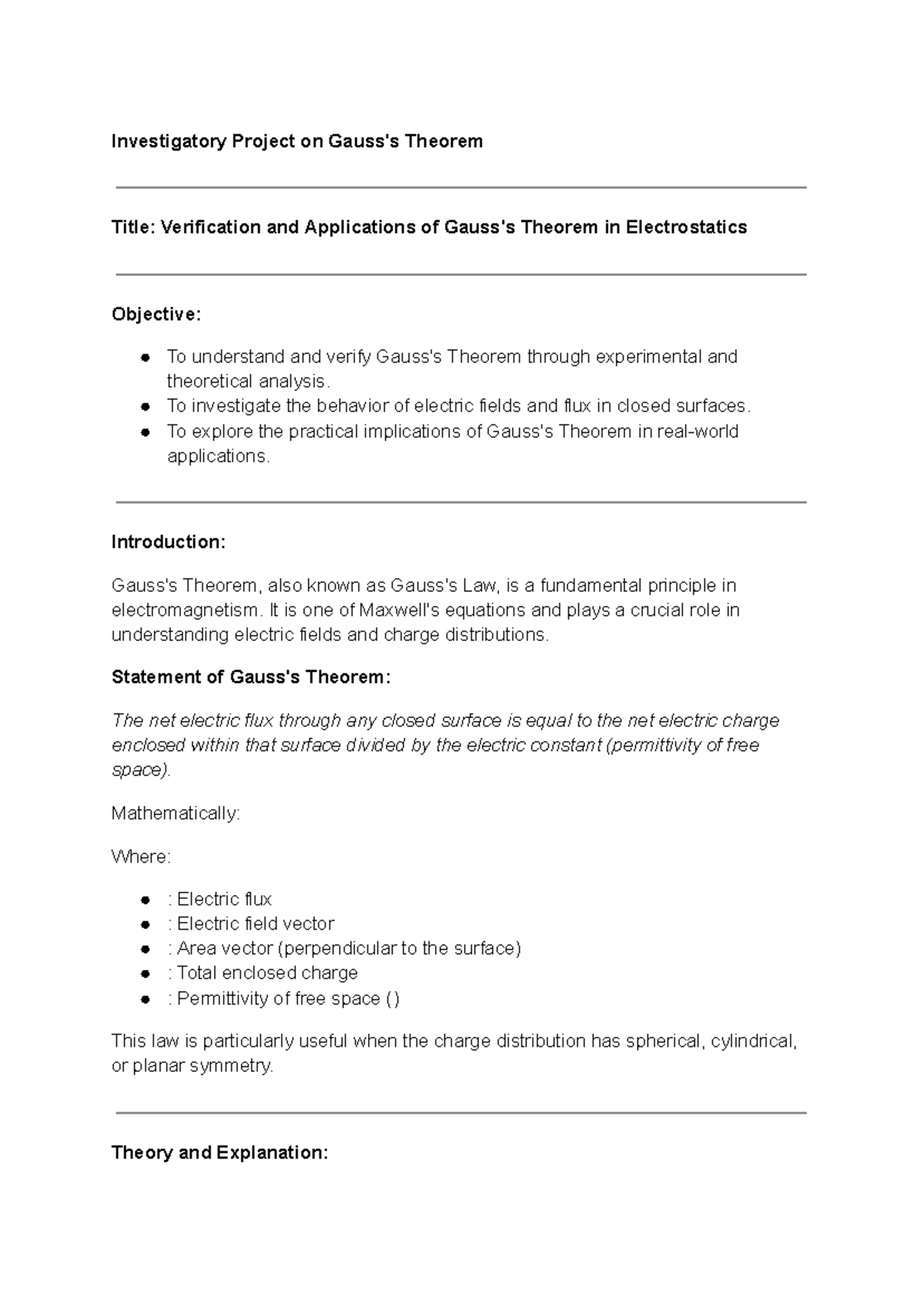 Investigatory Project on Gauss's Law: Verification & Applications in ...