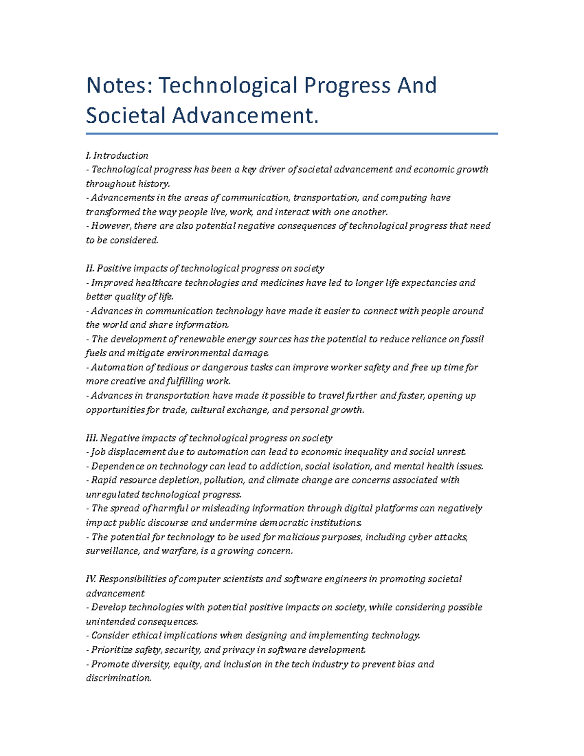 Lecture Notes - Technological Progress And Societal Advancement ...