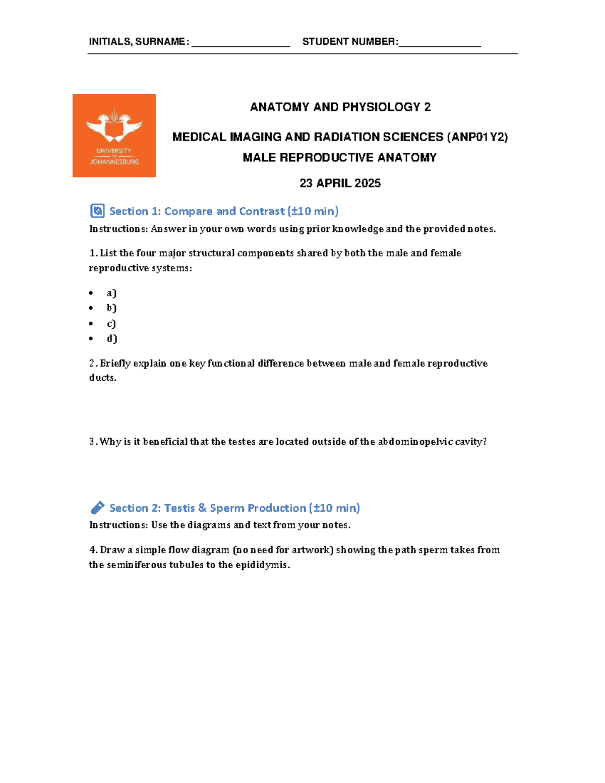 Male Reproductive System Worksheet (ANP01Y2) - Anatomy & Physiology 2 ...