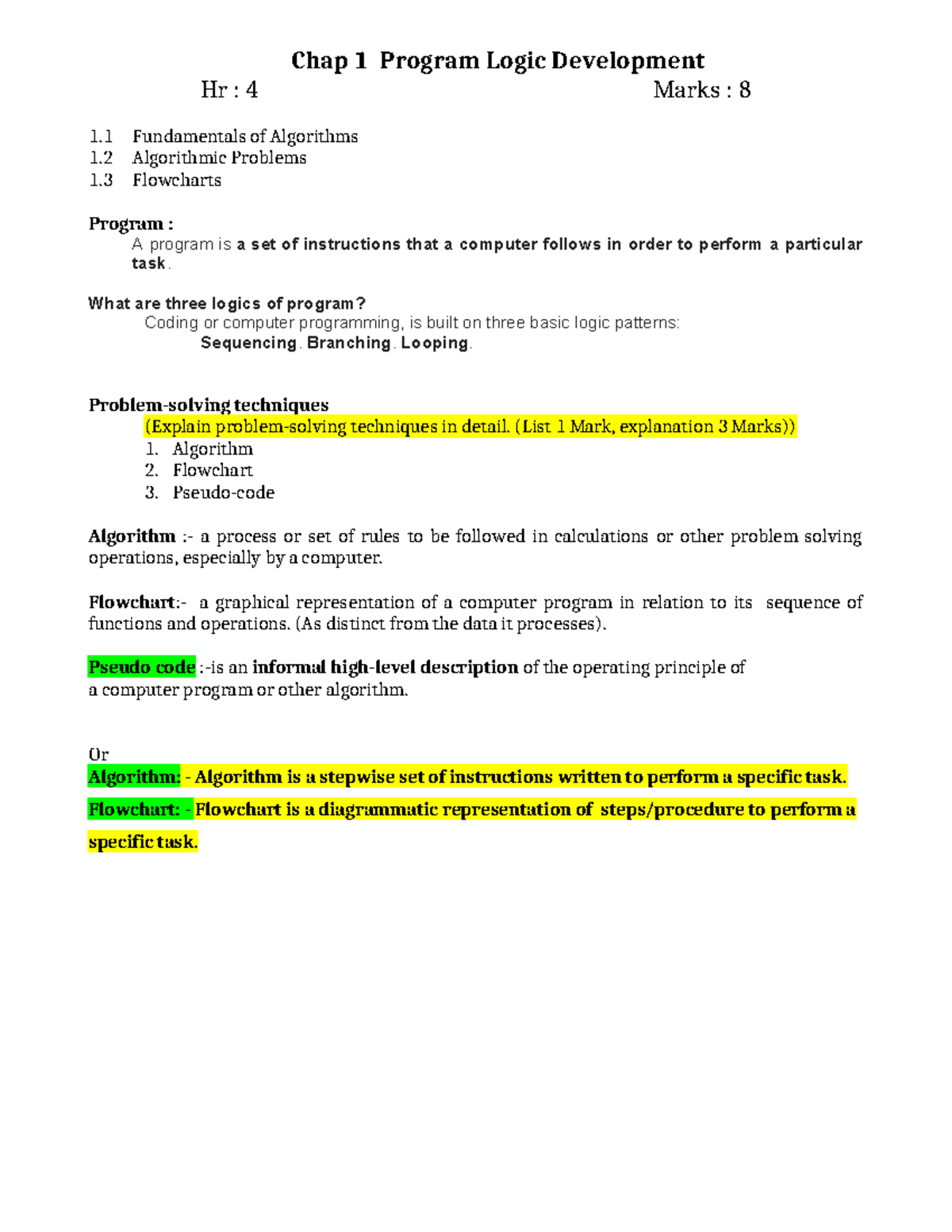Unit 1 Prog Logic Development - Algorithms & Flowcharts Overview - Studocu