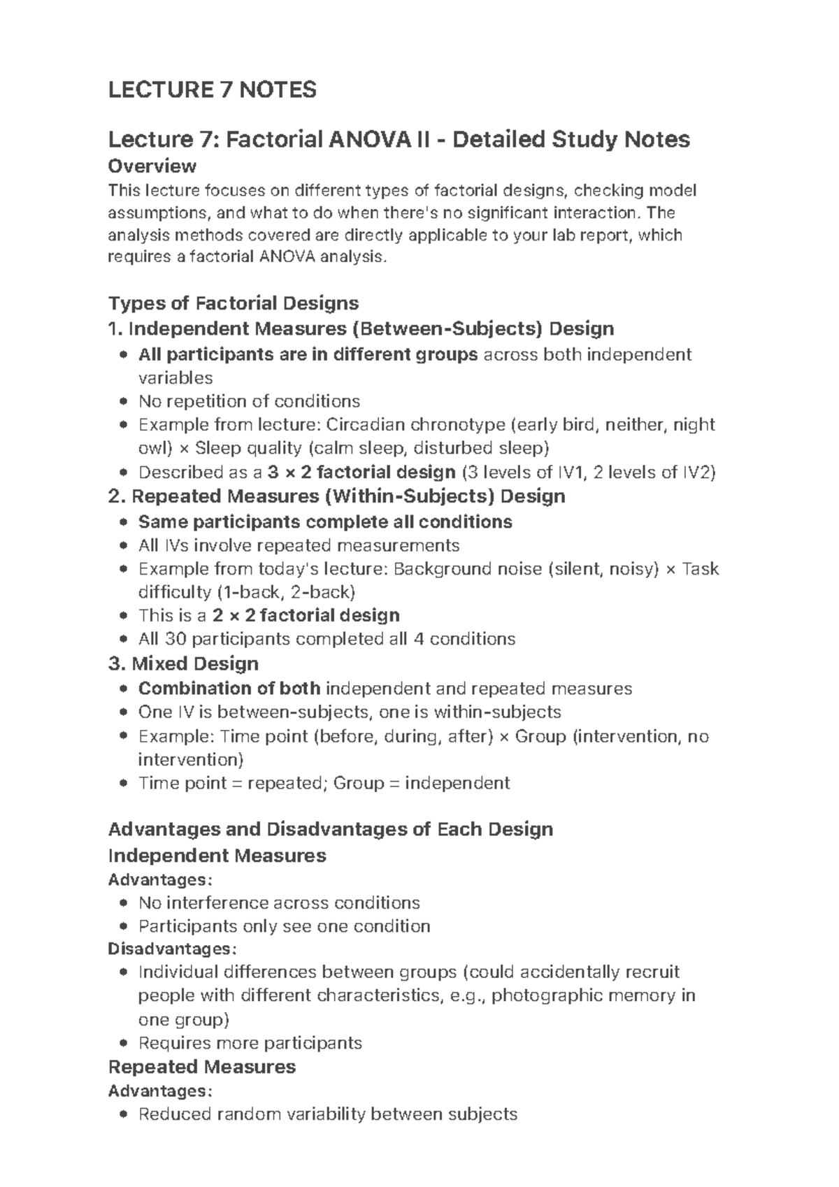 LECTURE 7 NOTES: Factorial ANOVA II - Detailed Study Guide - Studocu