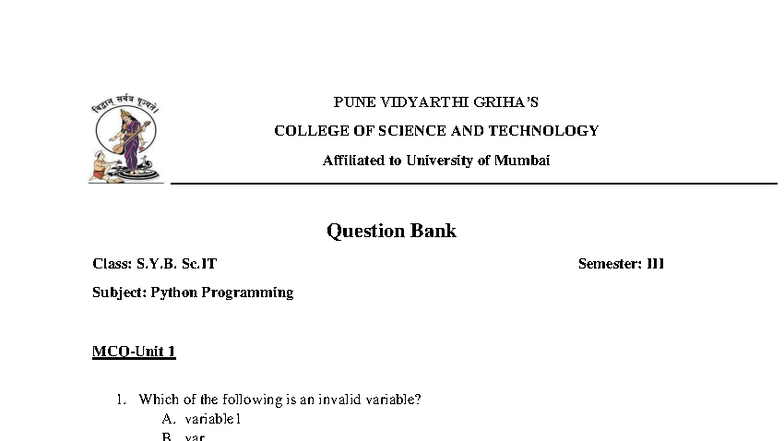 S.Y.B.Sc.IT Sem 3 Python Programming Question Bank - Studocu