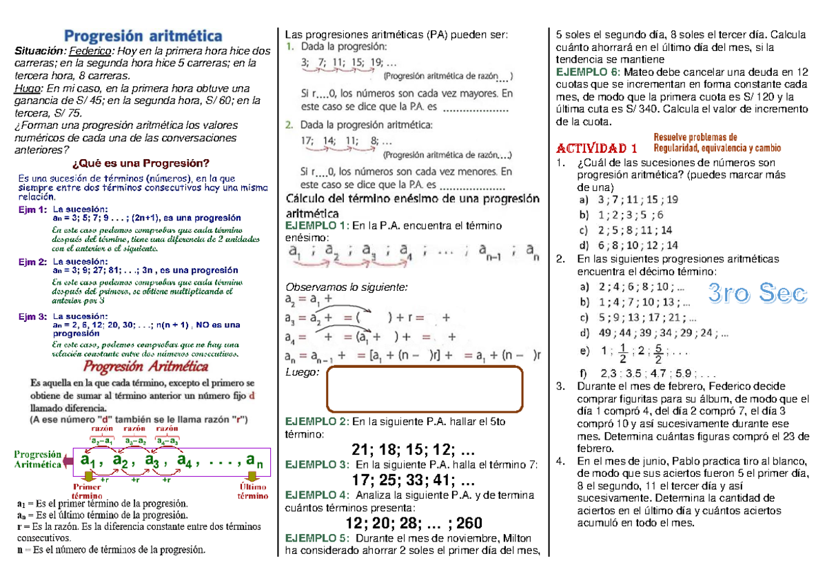 Teoría 3°: Progresiones Aritméticas y Ejercicios Prácticos - Studocu