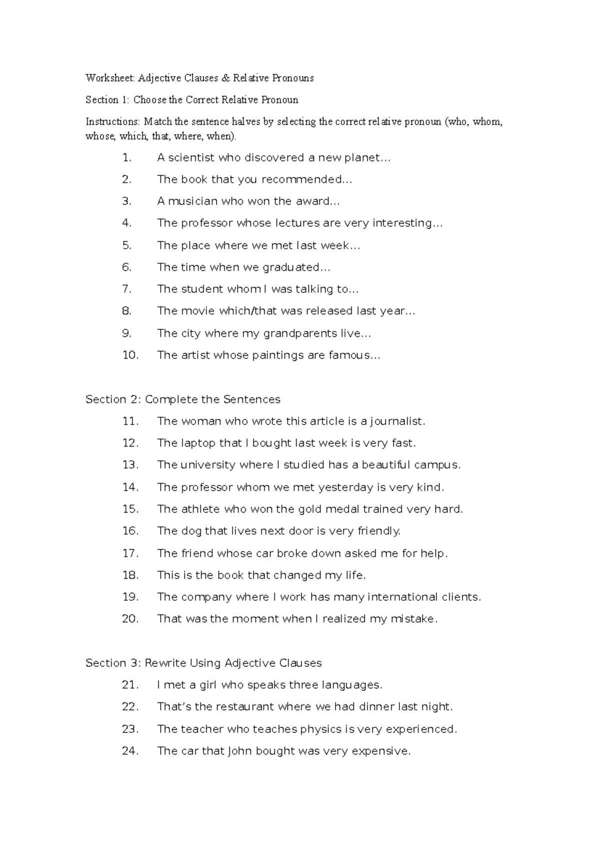 Adjective Clauses Worksheet: Relative Pronouns Practice (Inglés 4 ...