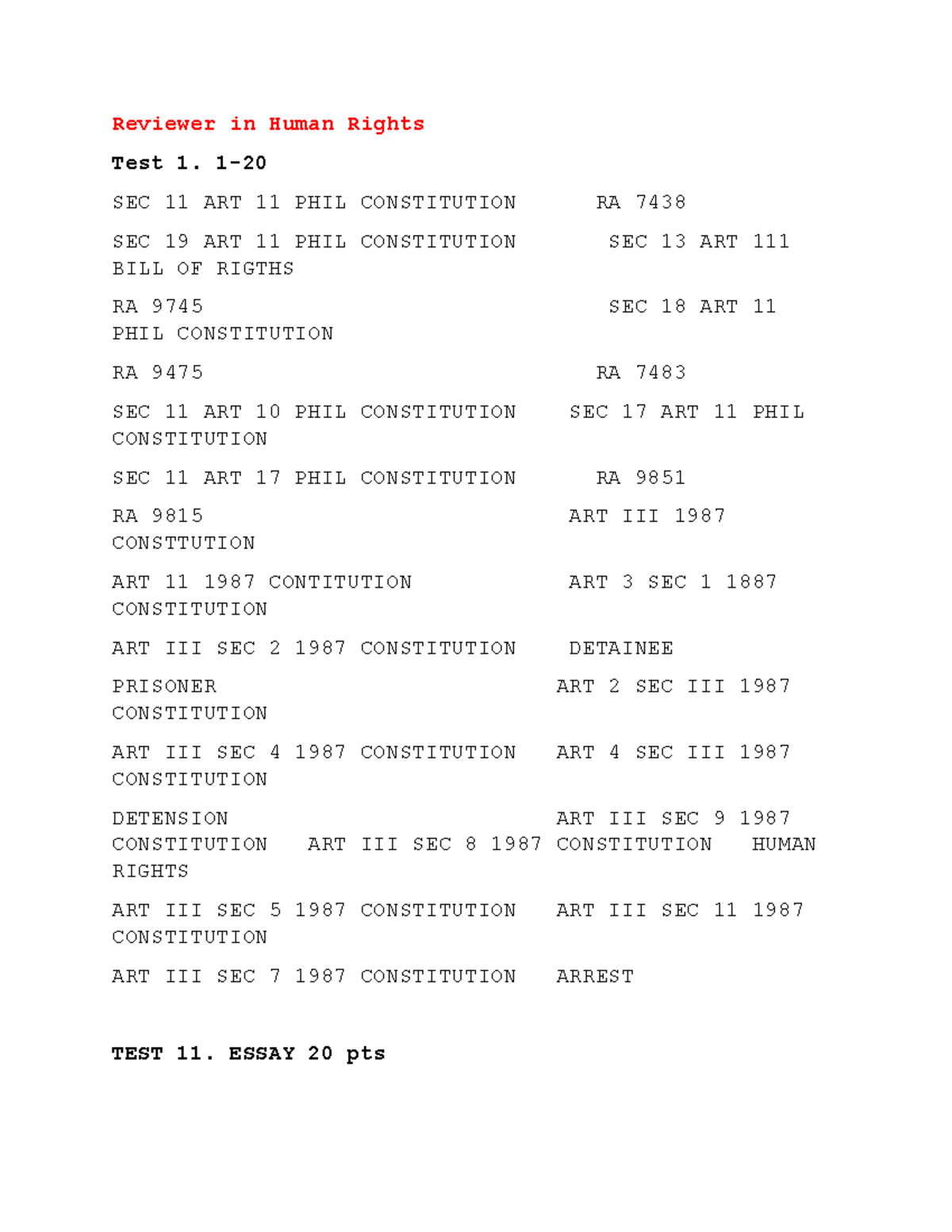 Reviewer in Human Rights - 1- SEC 11 ART 11 PHIL CONSTITUTION RA 7438 ...