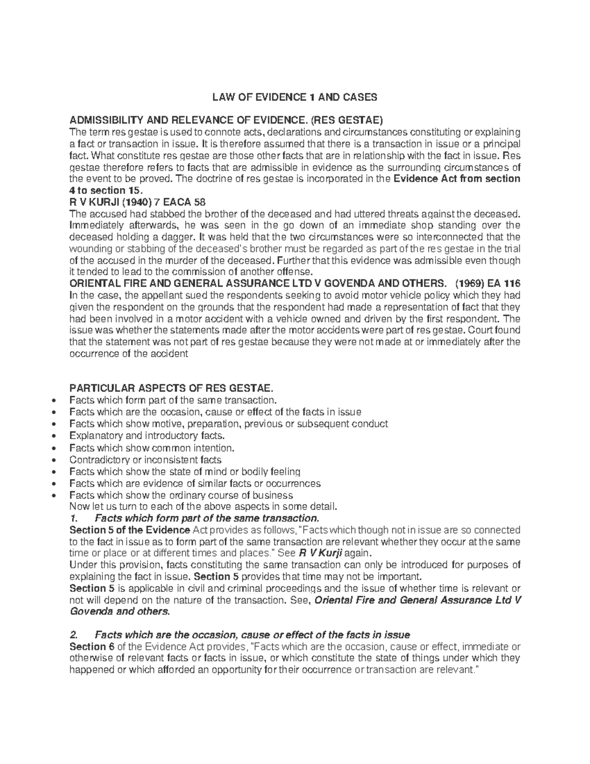 Evidence 1 Notes - LAW OF EVIDENCE 1 AND CASES ADMISSIBILITY AND ...