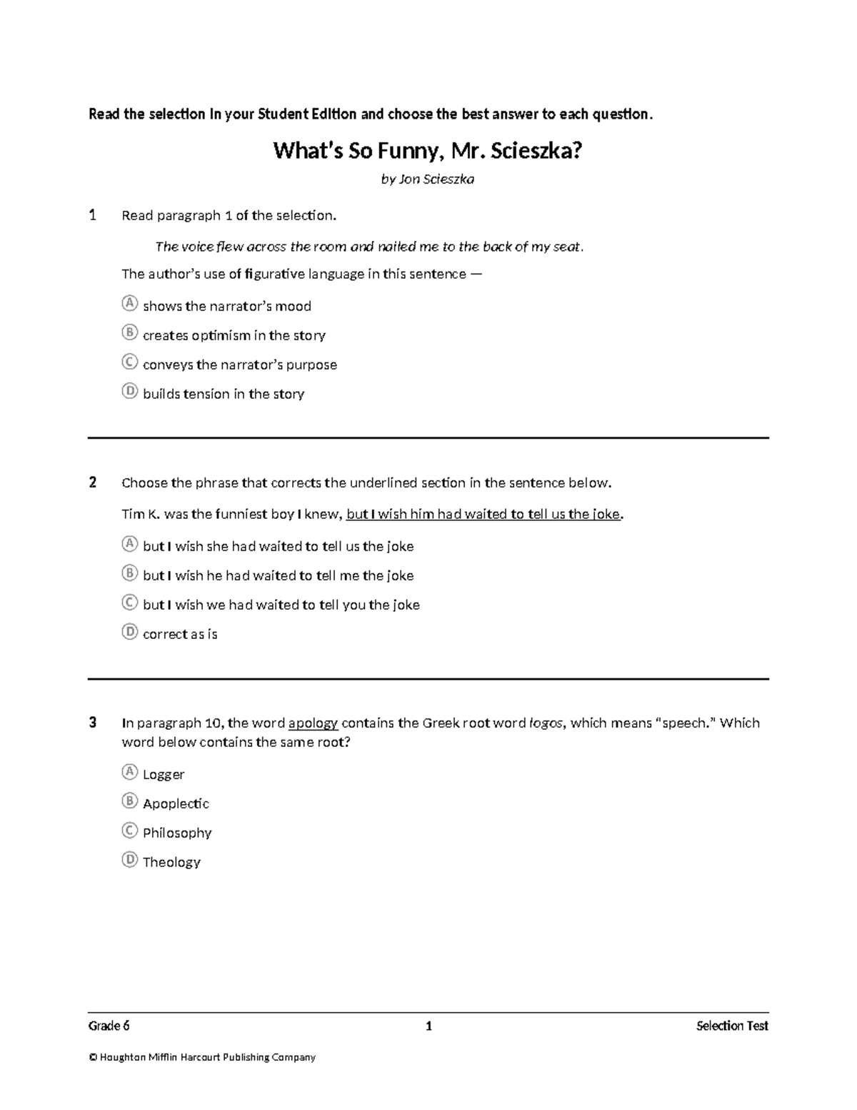 What's so funny mr. scieszka selection test - Read the selection in ...