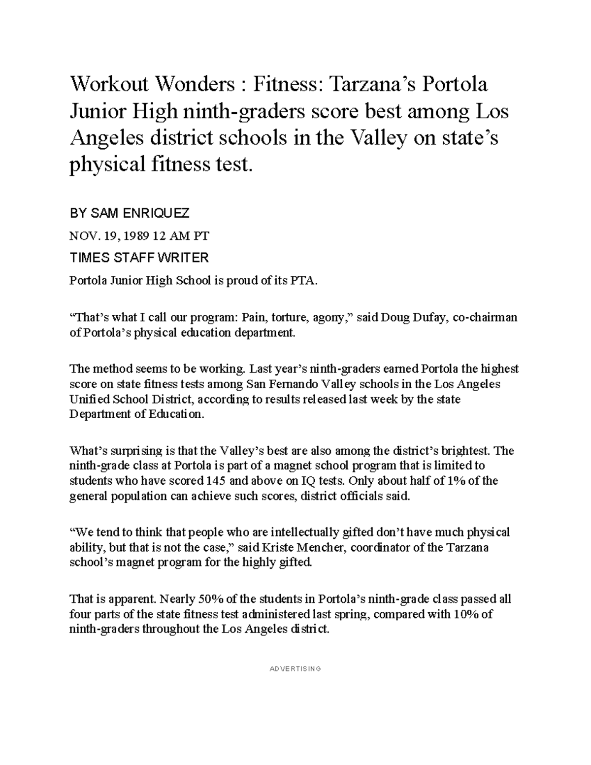 Portola Junior High PE Success: Ninth-Graders Shine in Fitness Tests ...