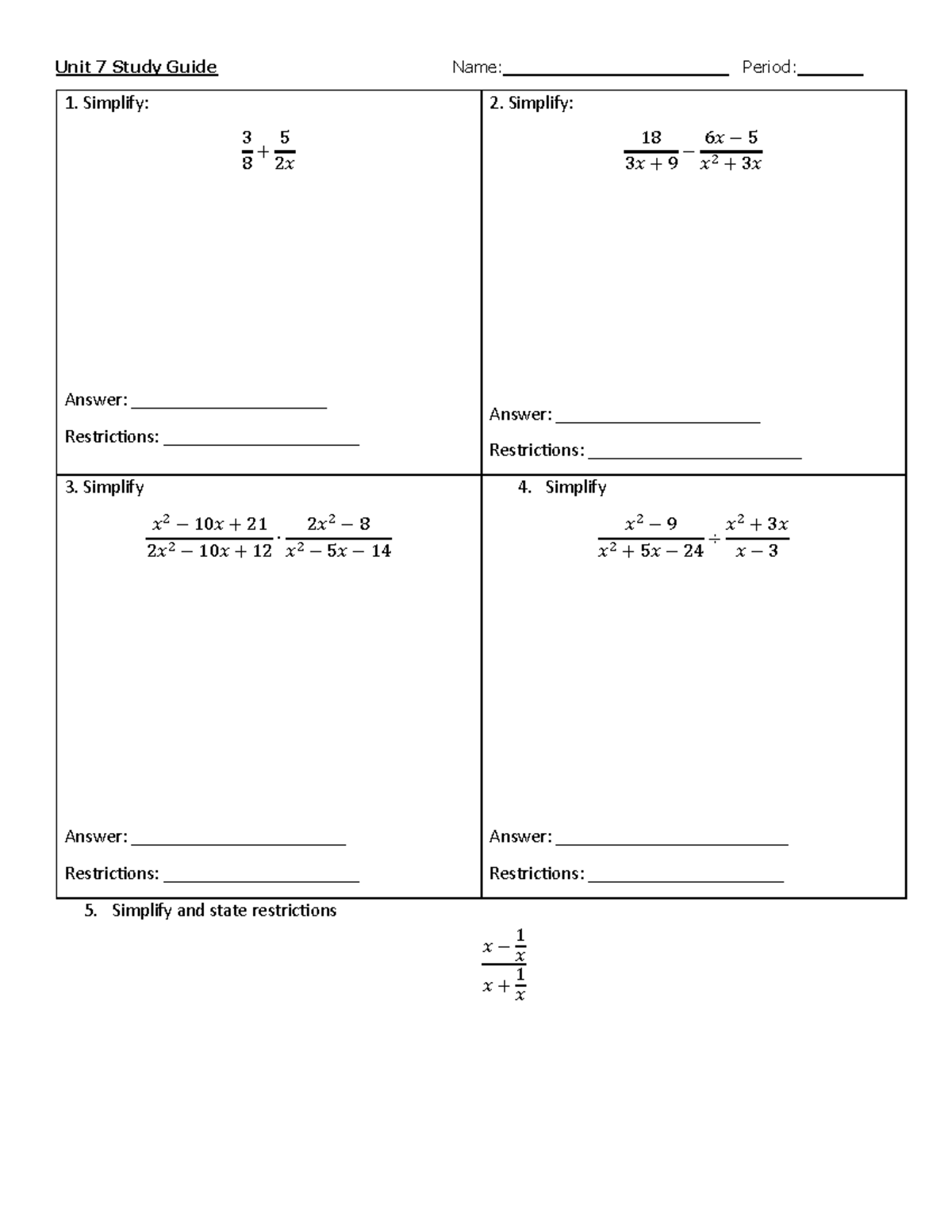 Unit 7 test study guide: Simplifying expressions and variations - Studocu