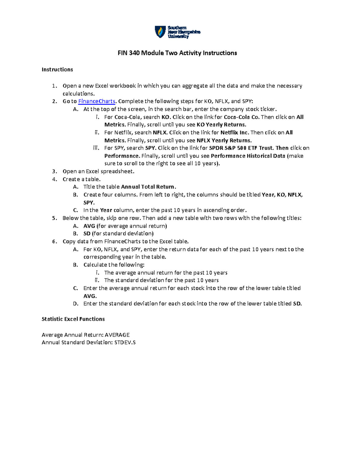 FIN 340 Module 2 Excel Activity: Stock Return Analysis - Studocu