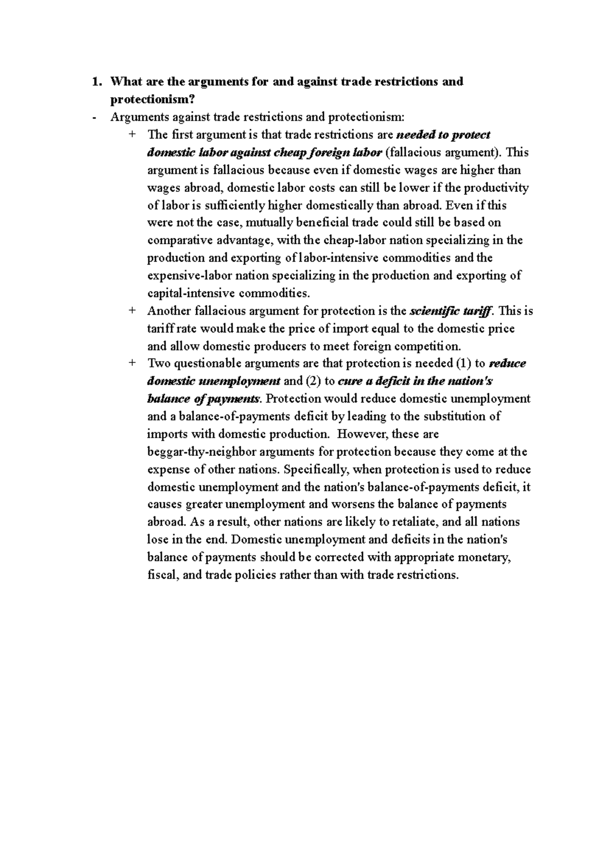 KTQT Homework: Arguments for and Against Trade Restrictions - Studocu