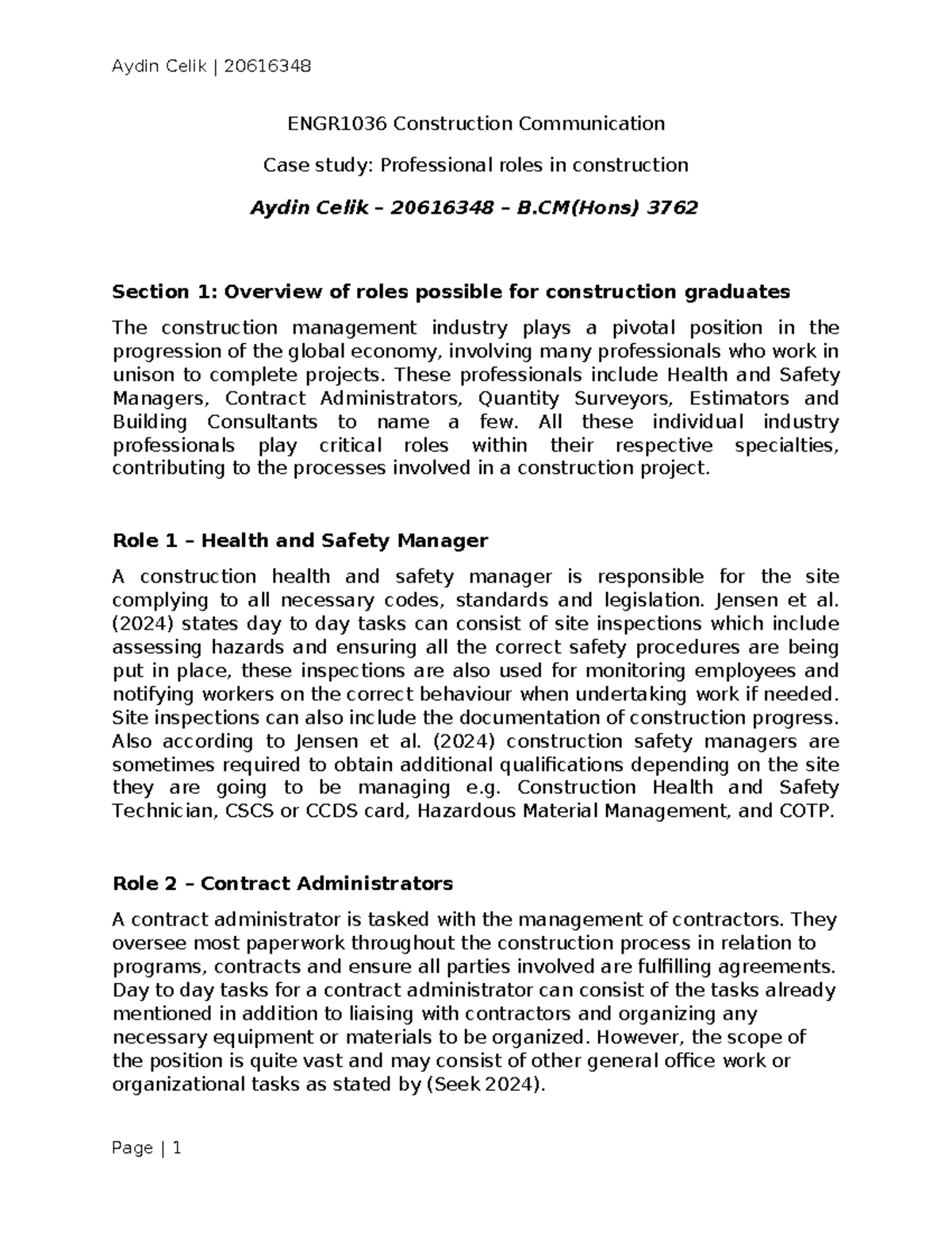 ENGR1036 Construction Communication Case Study: Roles in Construction ...
