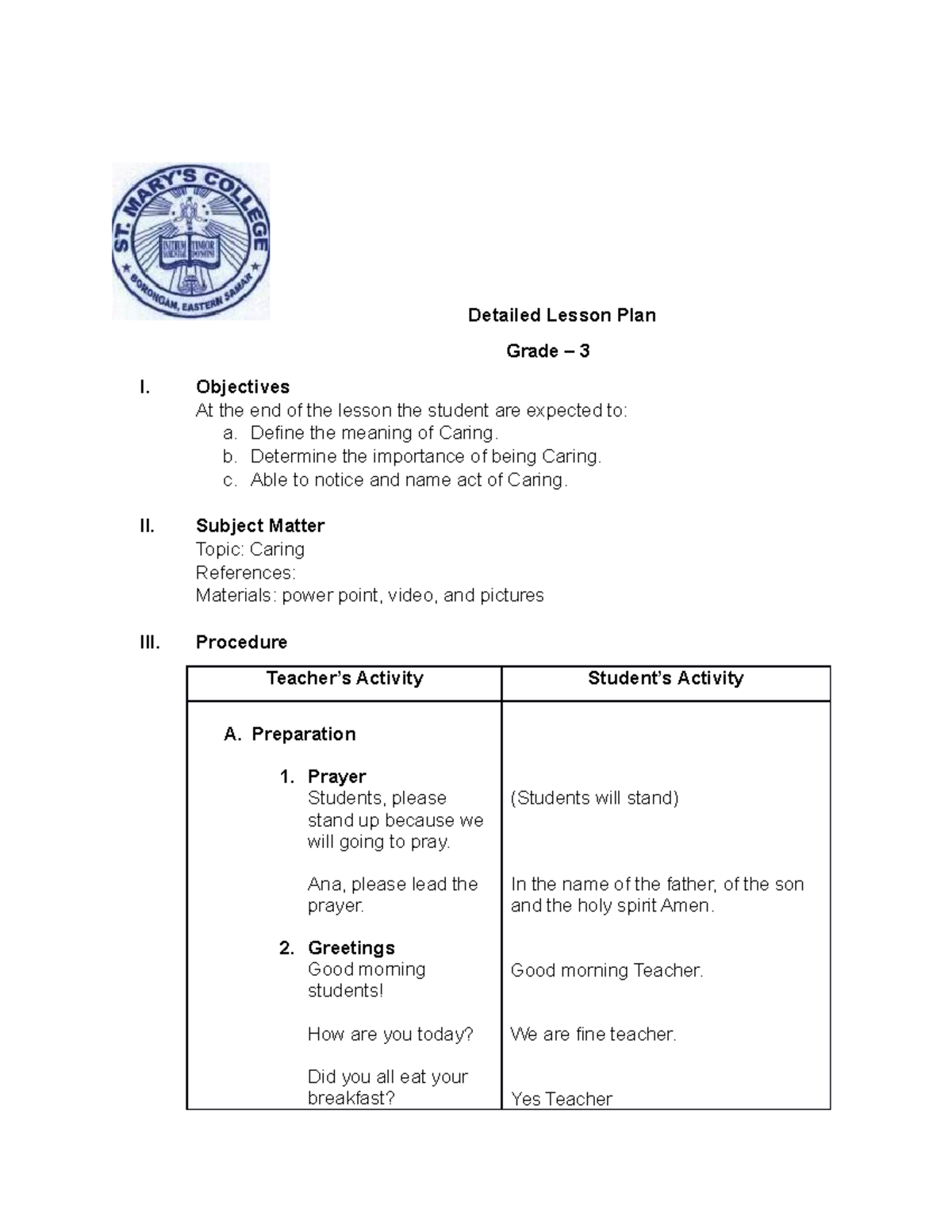Detailed Lesson Plan for Grade 3: The Importance of Caring - Studocu