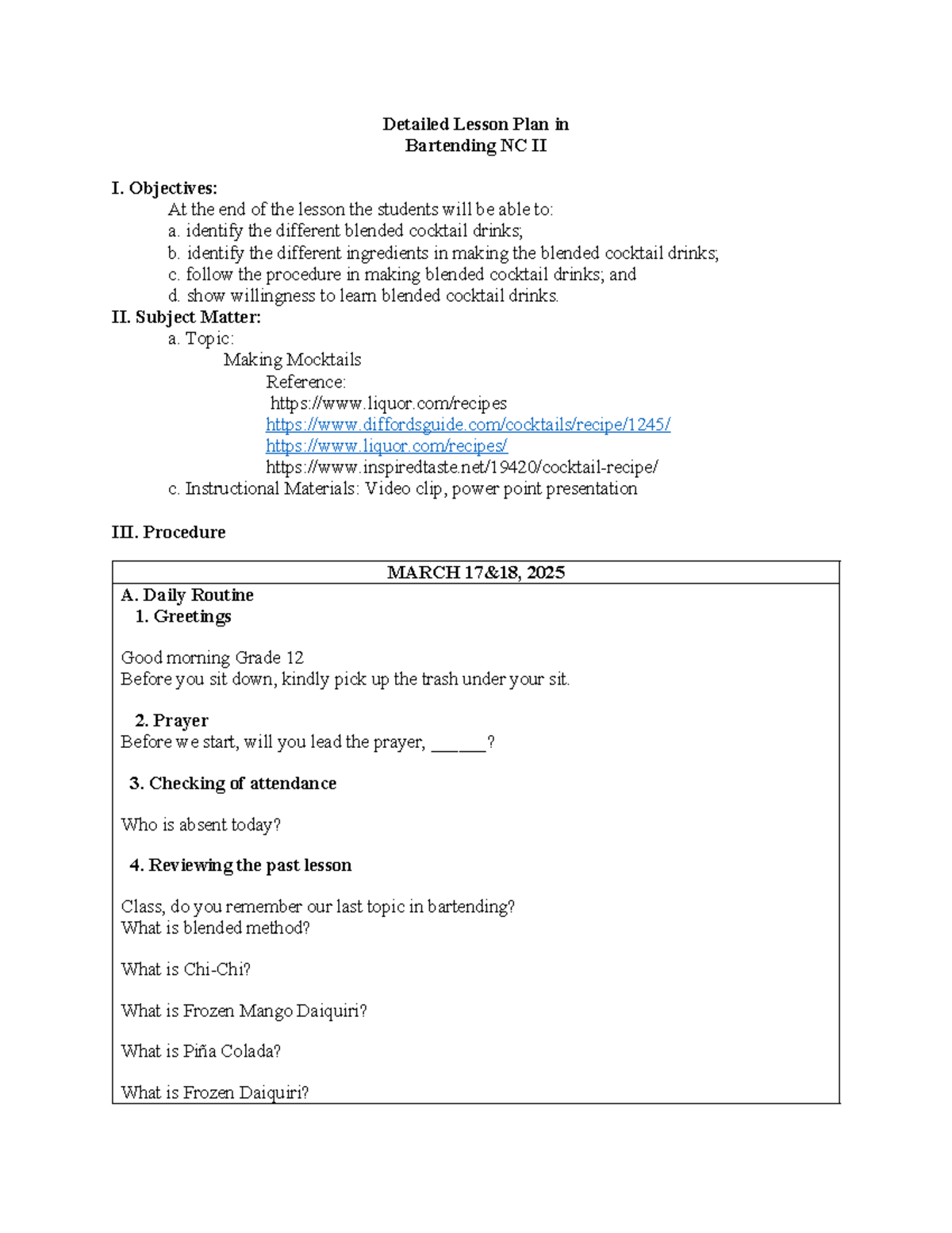 Detailed Lesson Plan: Making Mocktails in Bartending NC II - Studocu