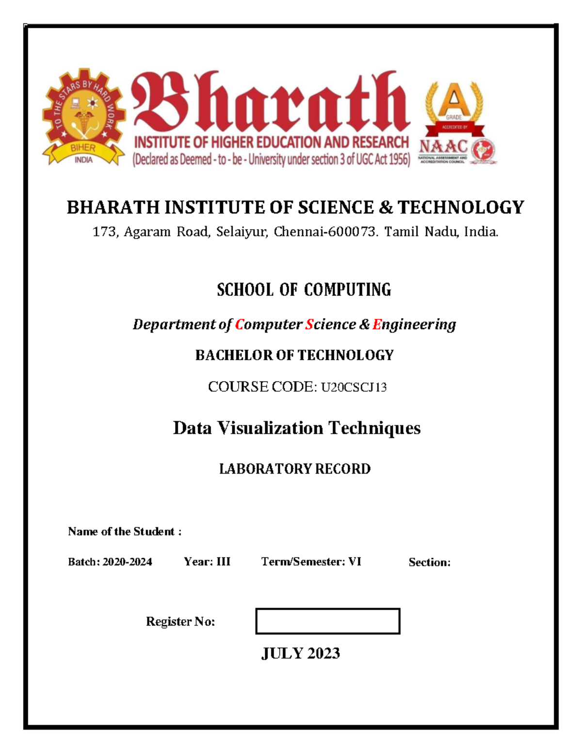 DVT Lab Manual: Data Visualization Techniques (U20CSCJ13) - Studocu