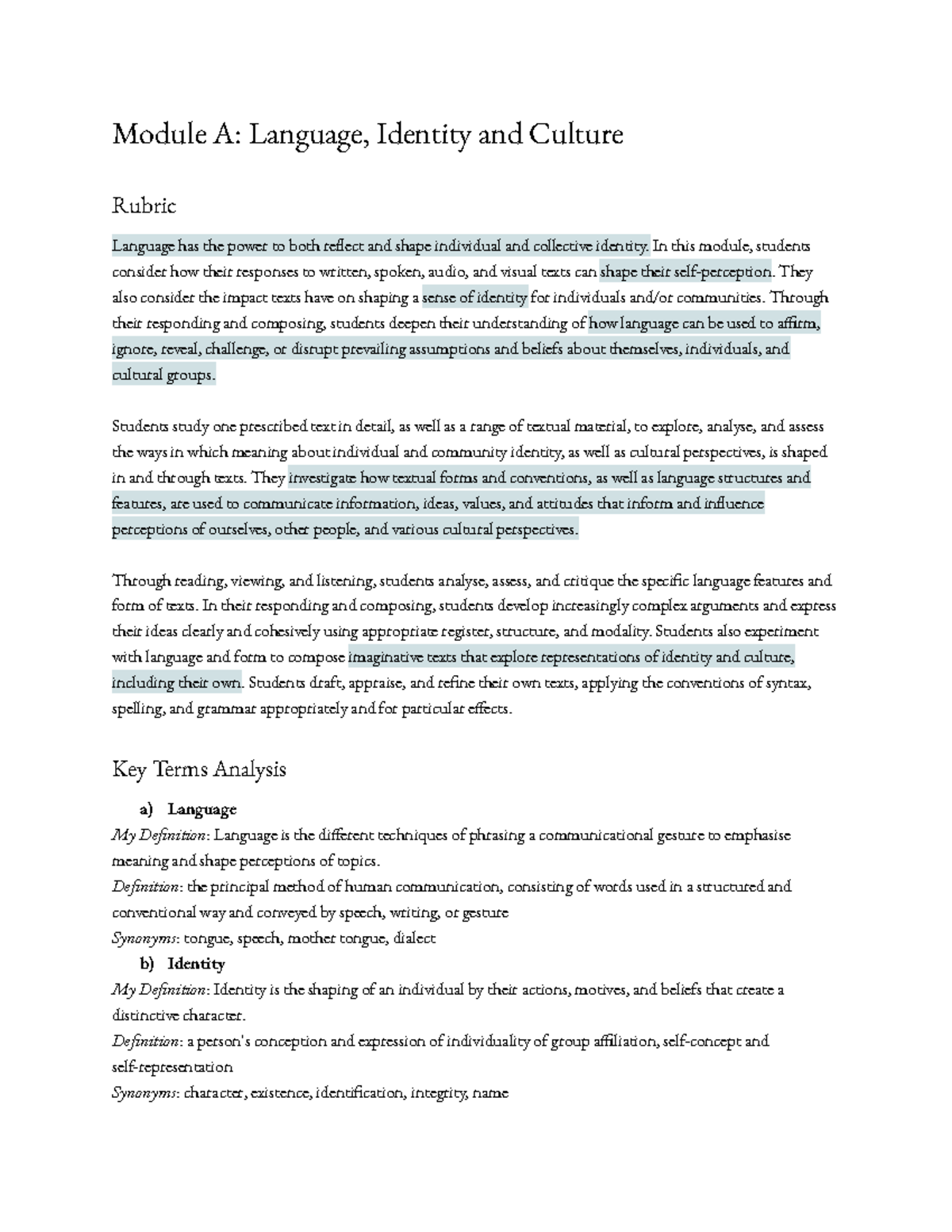 Mod A: Language, Identity & Culture Rubric and Key Definitions - Studocu