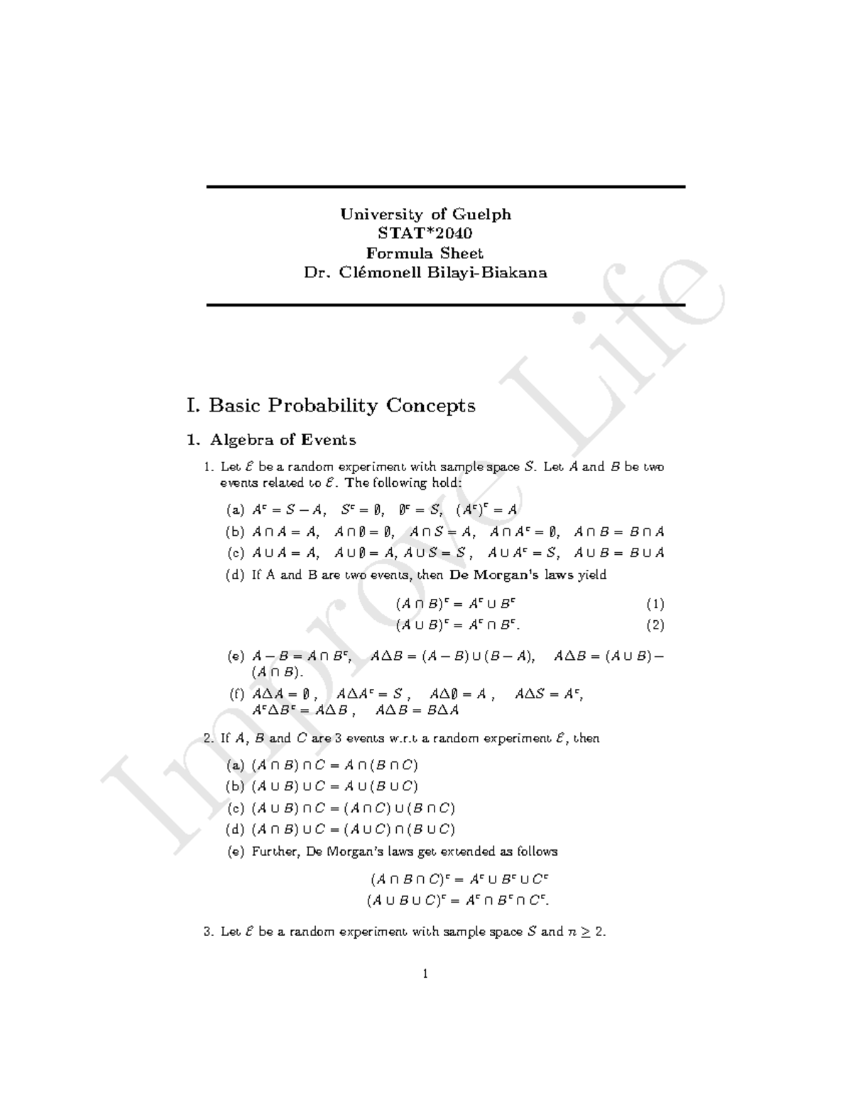 Formula Sheet: Basic Probability Concepts for Li fe University - Studocu