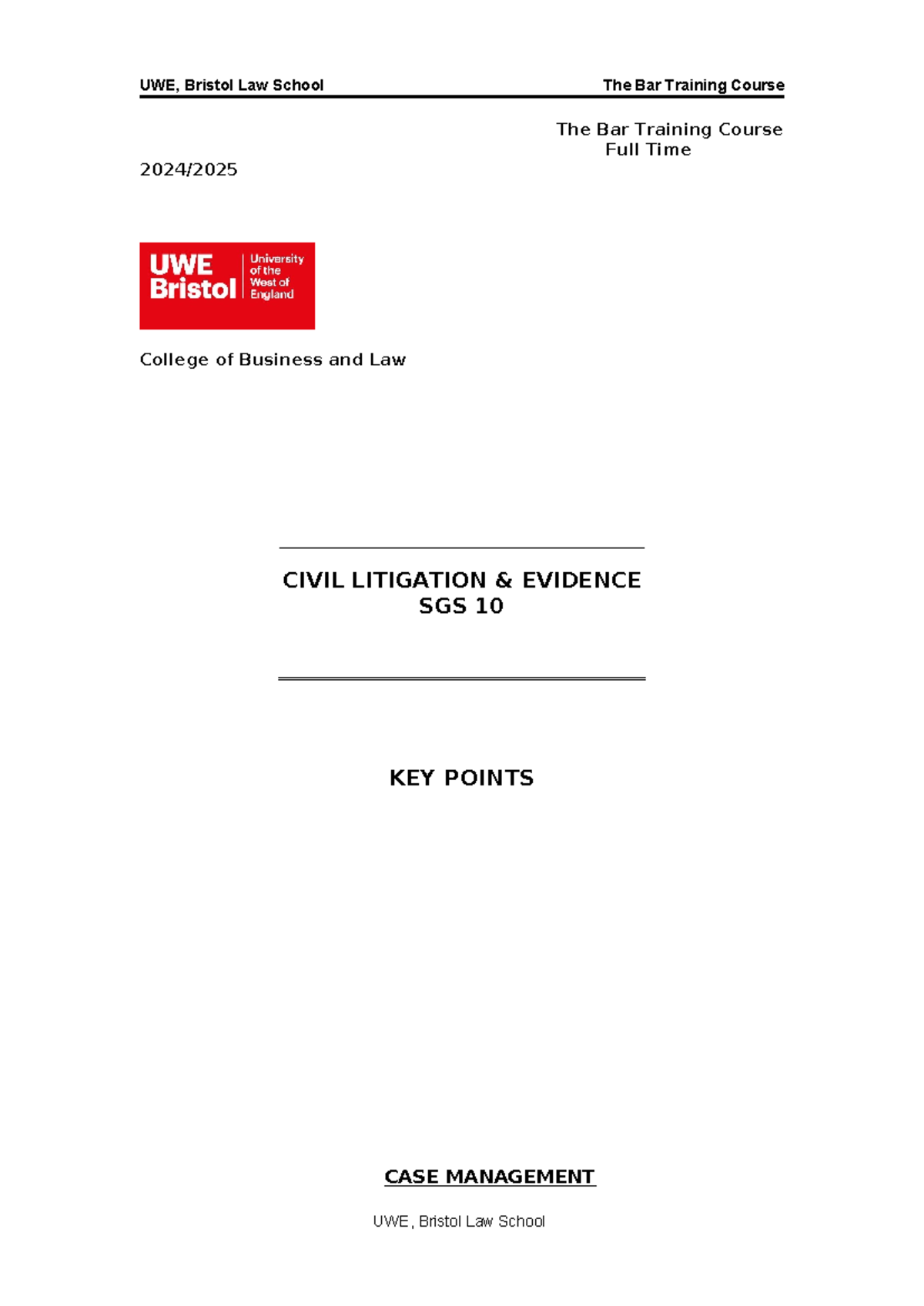CIVIL LITIGATION EVIDENCE SGS 10: Key Points on Case Management - Studocu