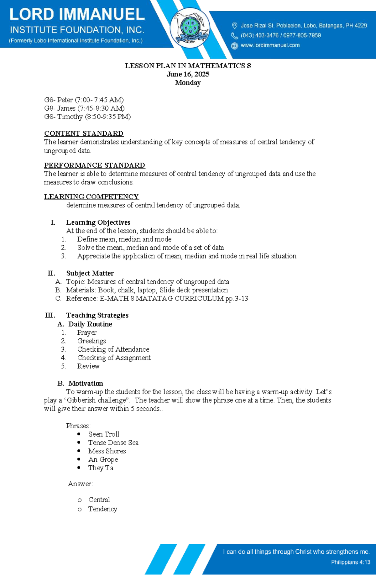 LESSON PLAN: MEASURES OF CENTRAL TENDENCY (MATH 8) - Studocu
