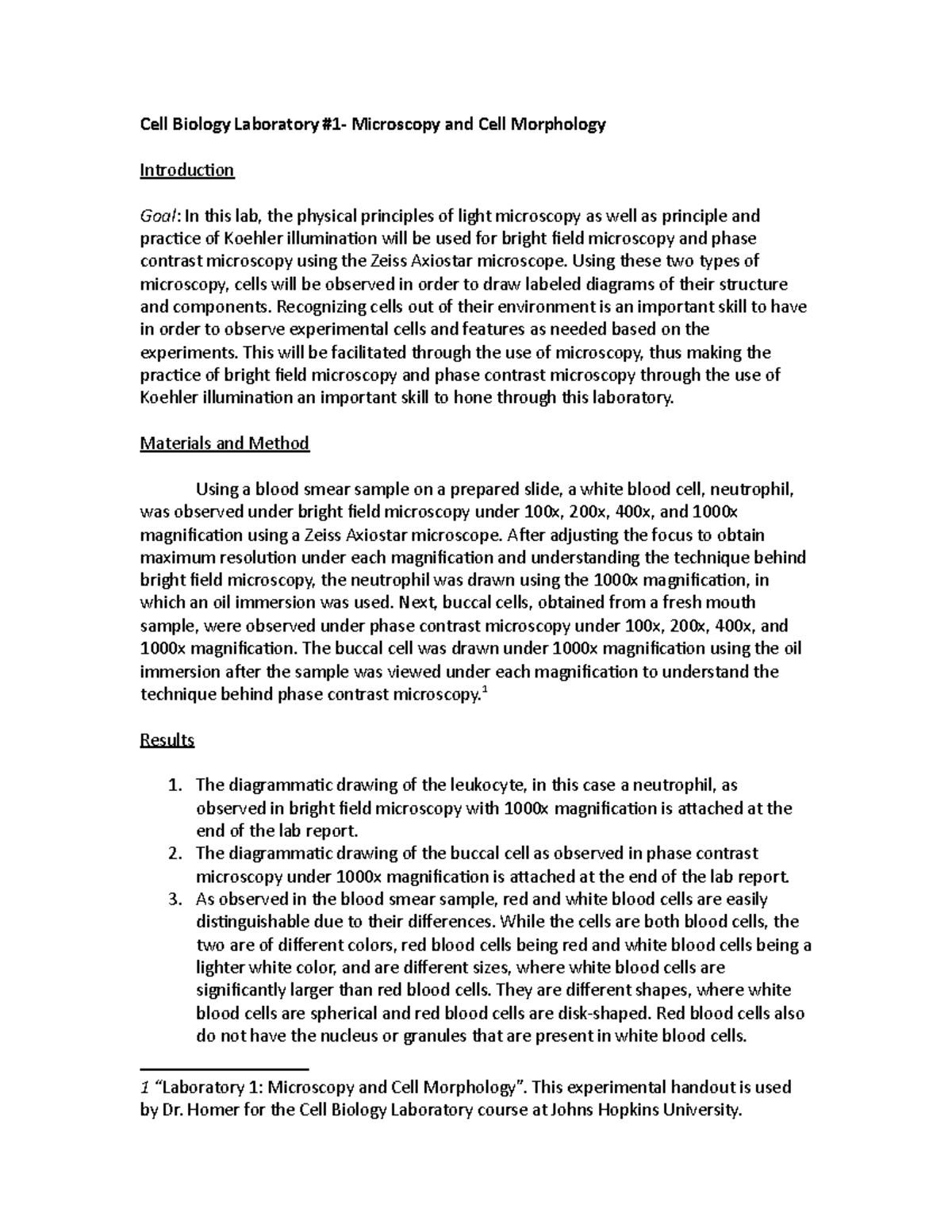 Lab #1- Microscopy - Lab Report #1 - Cell Biology Laboratory #1- Microscopy and Cell Morphology ...