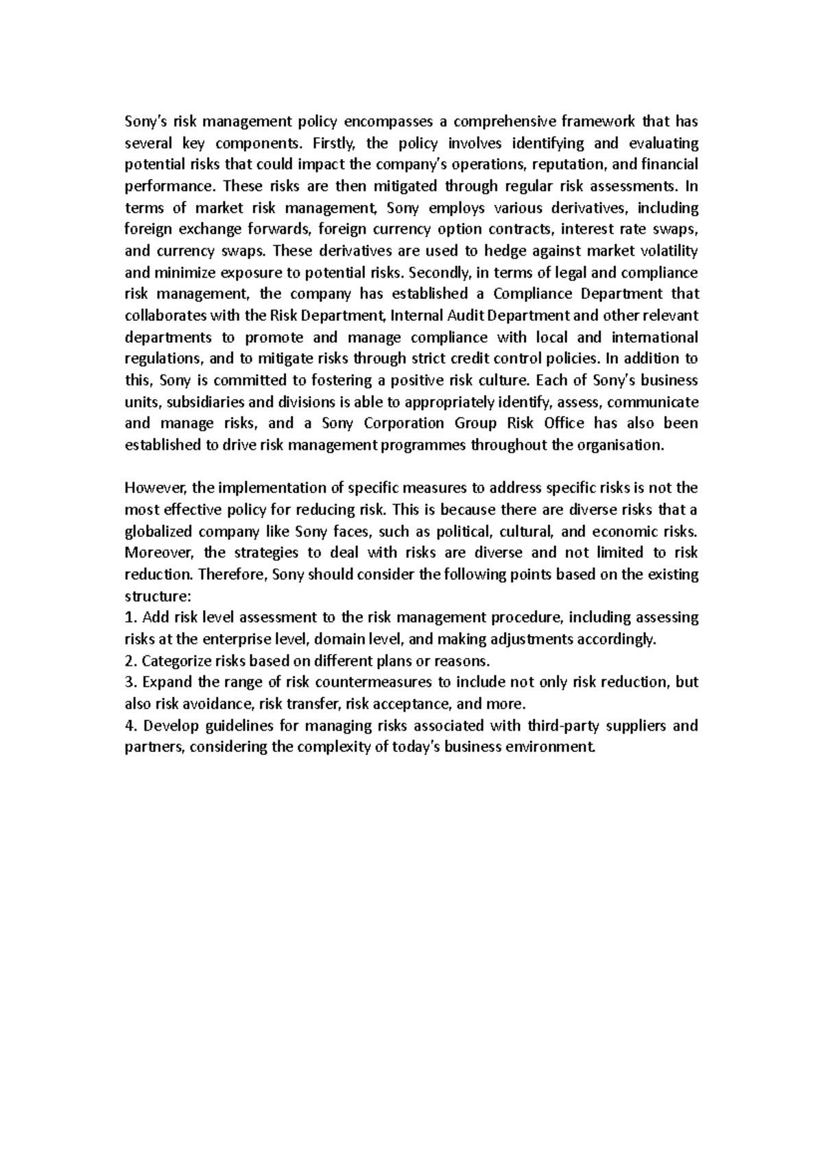 8007 Group: Sony's Comprehensive Risk Management Framework - Studocu