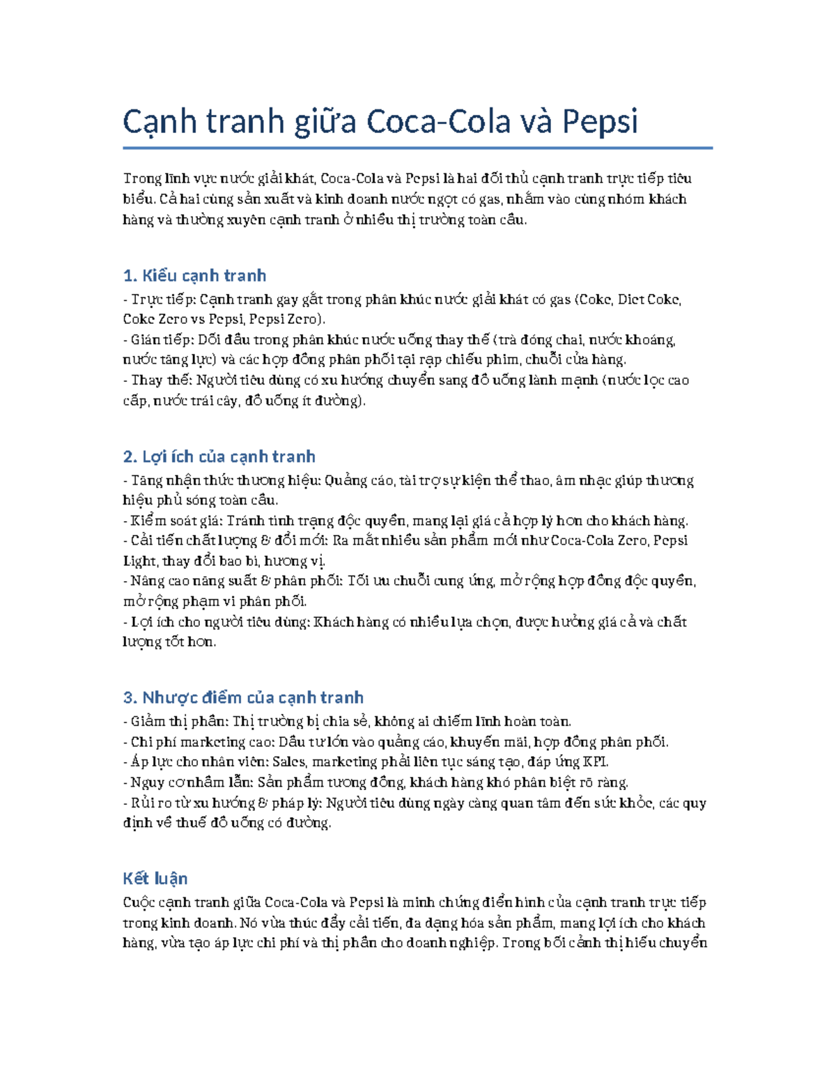 Cạnh tranh giữa Coca và Pepsi trong ngành nước giải khát - Studocu