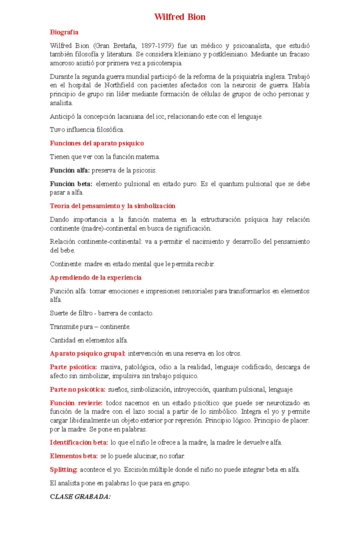 Resumen sobre Wilfred Bion - Estudio y Teoría Psicoanalítica - Studocu