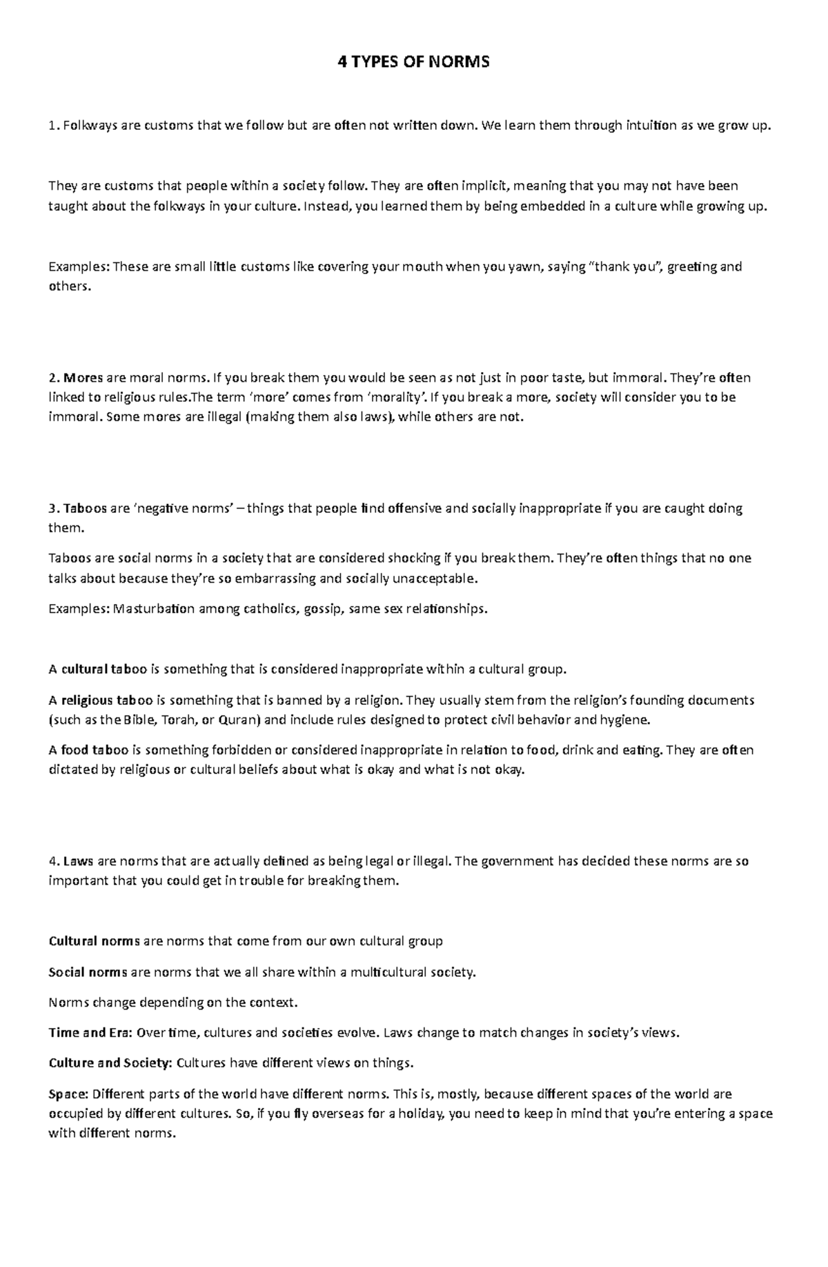 4 Types OF Norms - UCSP - 4 TYPES OF NORMS Folkways are customs that we ...