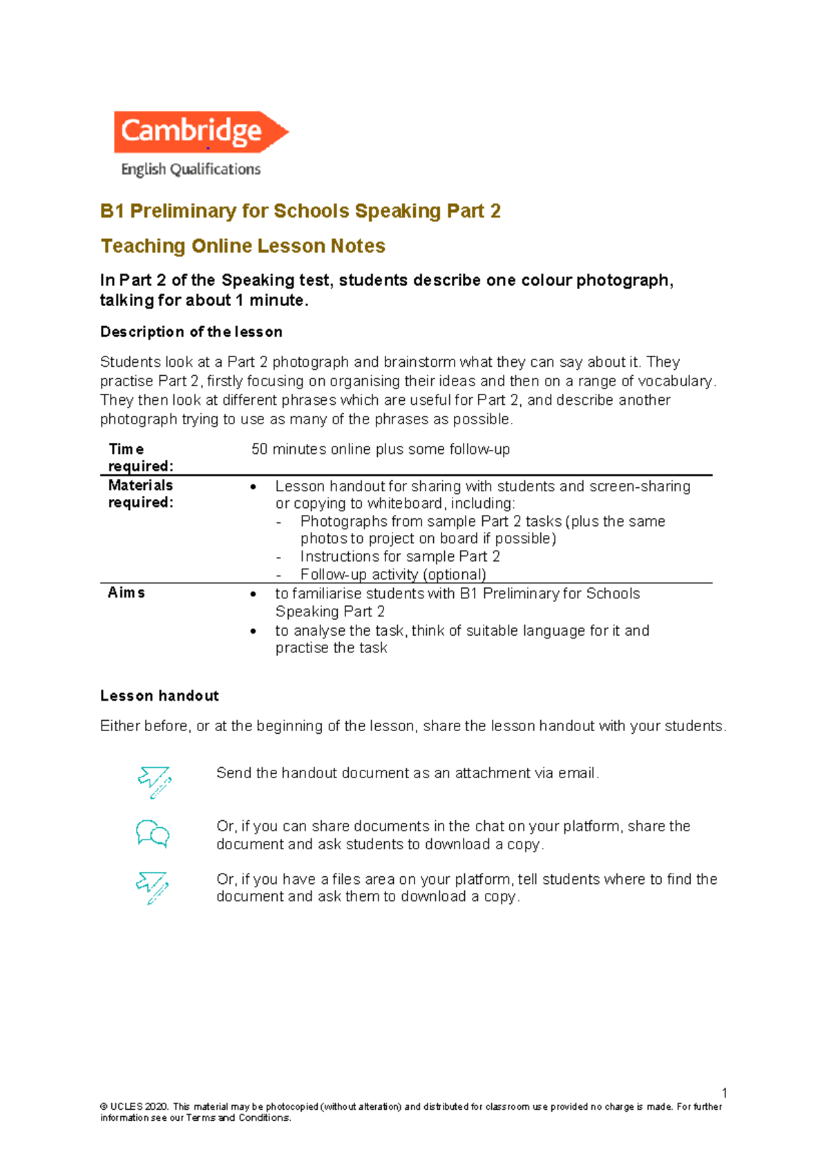 B1 Preliminary for Schools Speaking Part 2 Online Lesson Notes - Studocu
